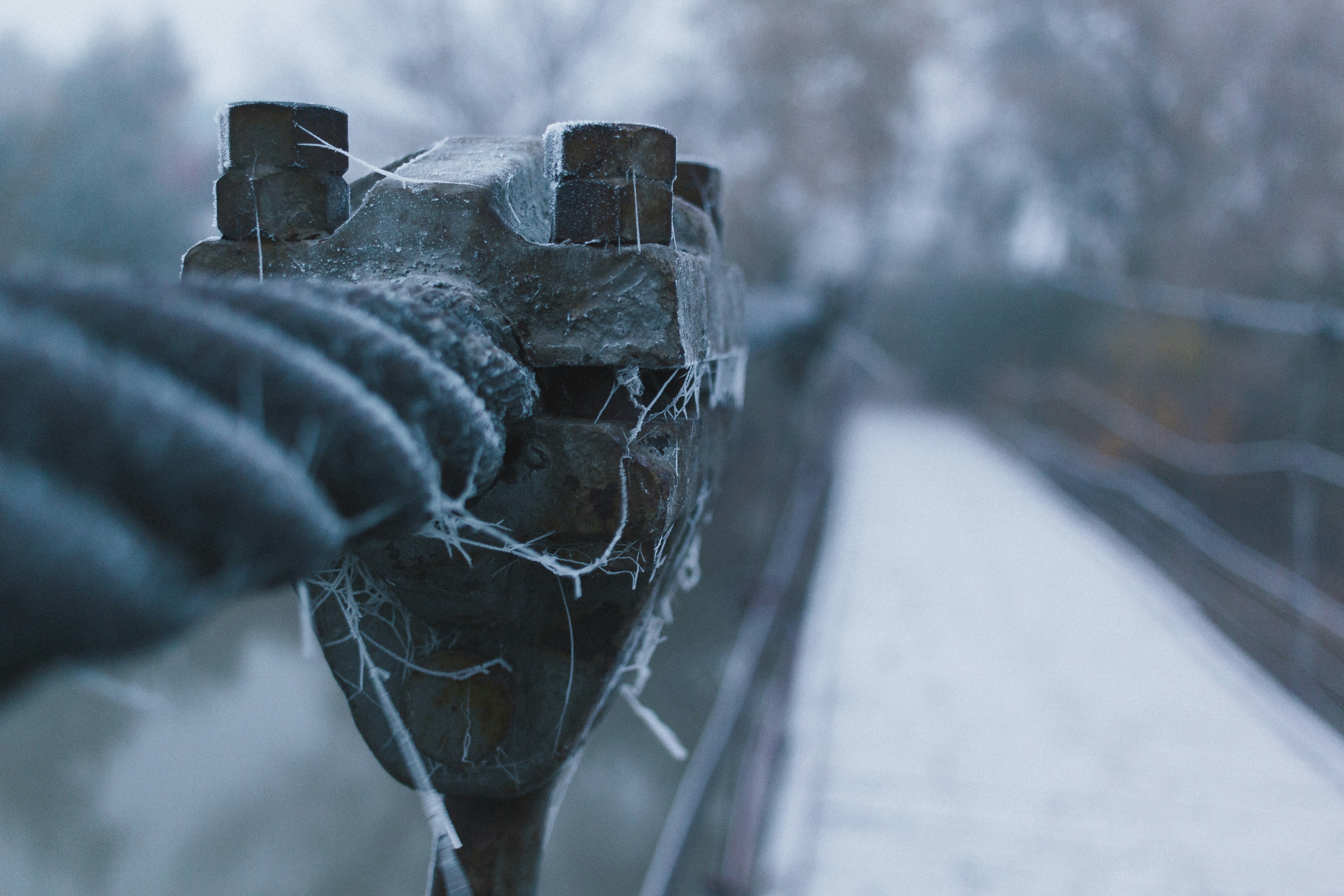 Frostbound Post: The Quiet Grip of Winter on a Snowy Bridge