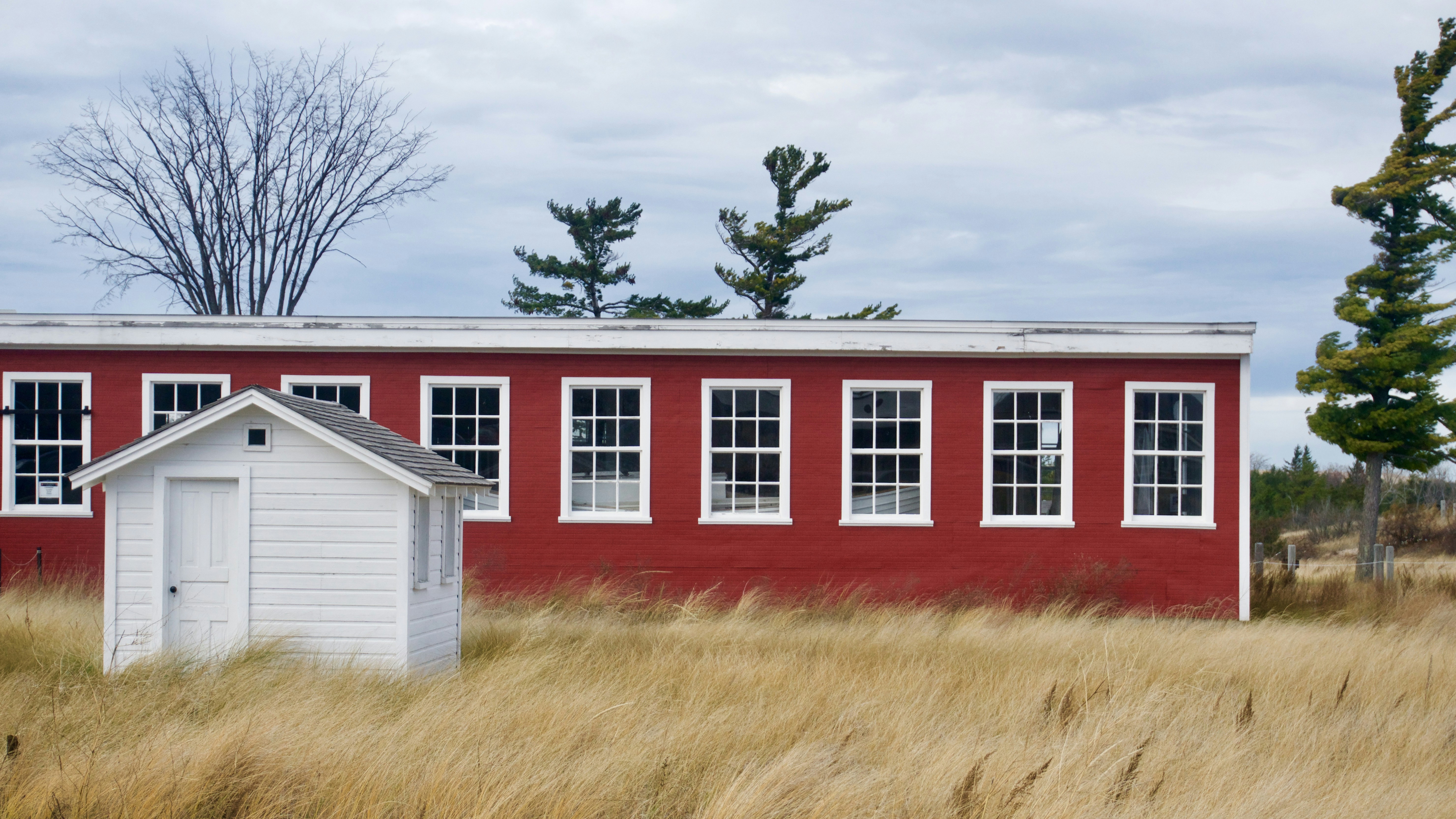 A small white shed stands in front of a red building with large windows, surrounded by tall grasses under a cloudy sky.