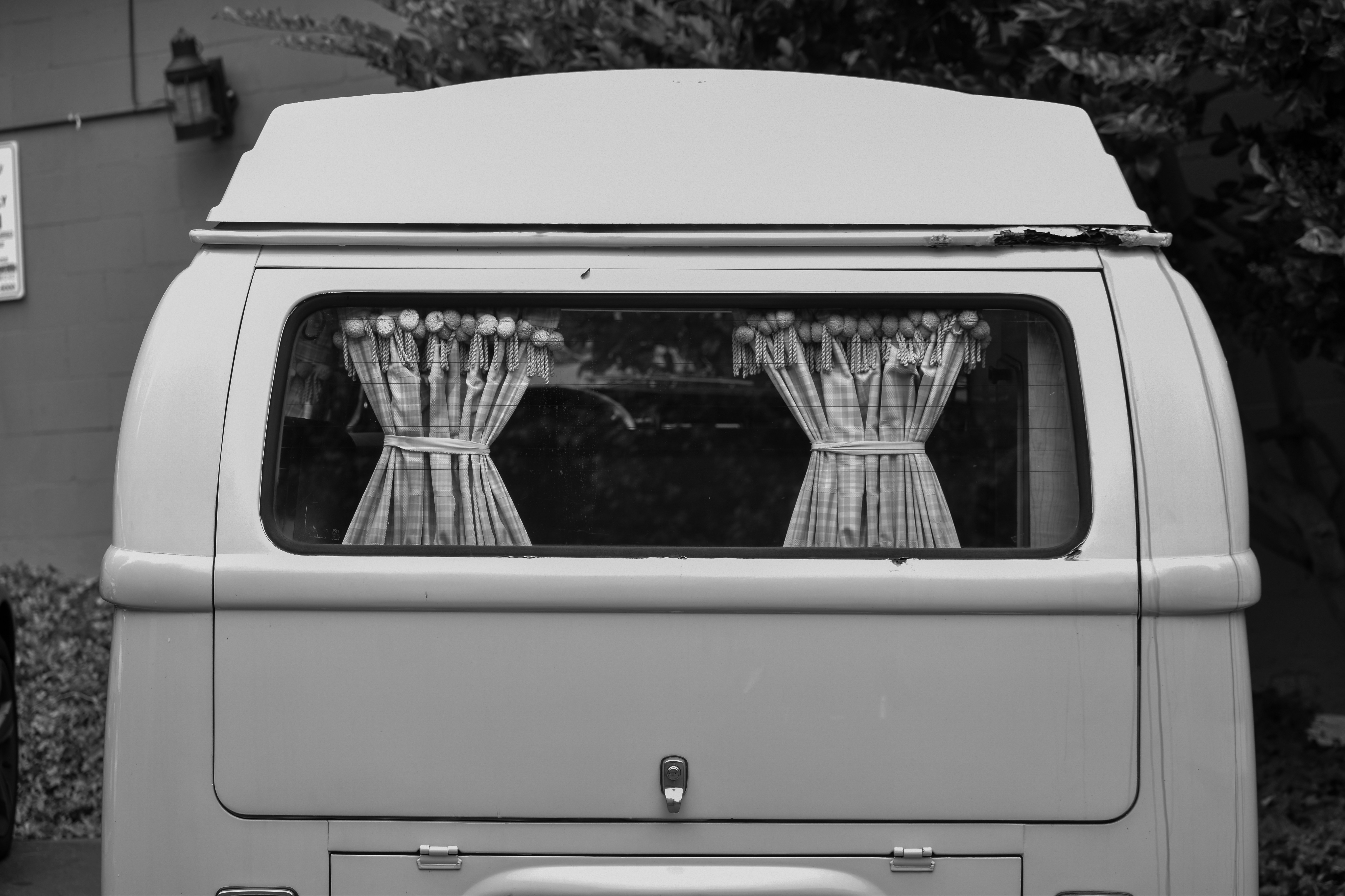 Grayscale view of a classic van's rear with detailed curtains and foliage backdrop.