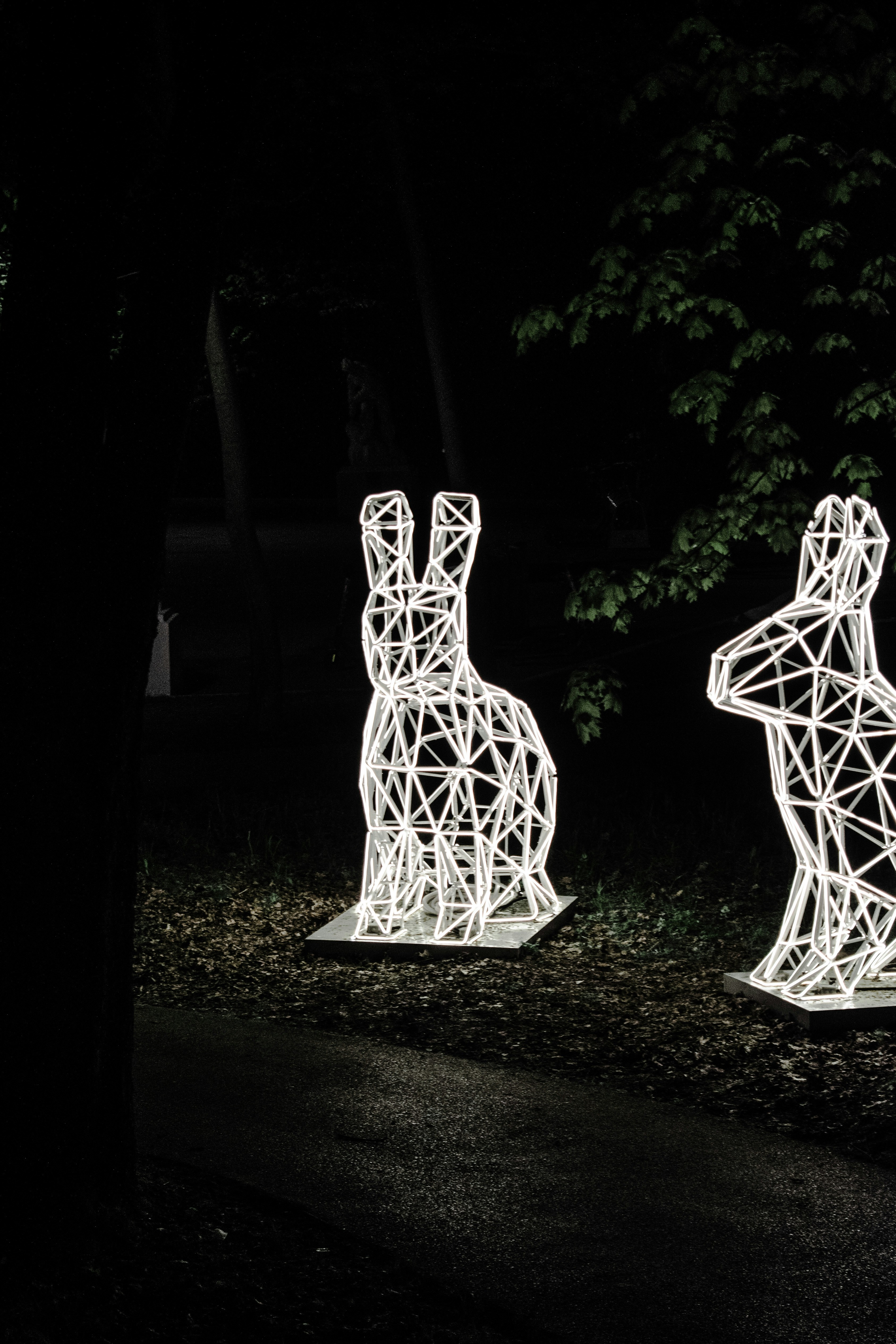 Lattice-Lit Hares: Geometric Neon Sculptures in the Night Park