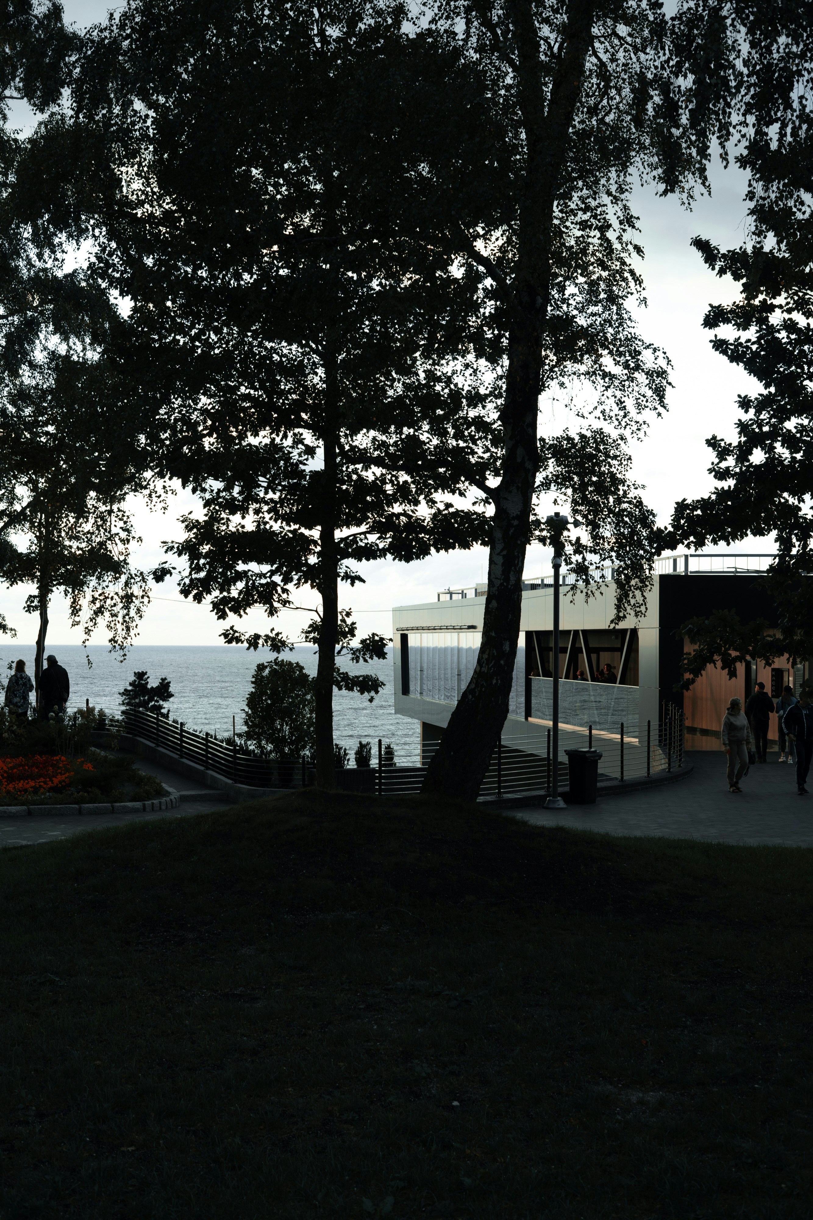 a group of people walking around a park next to a body of water