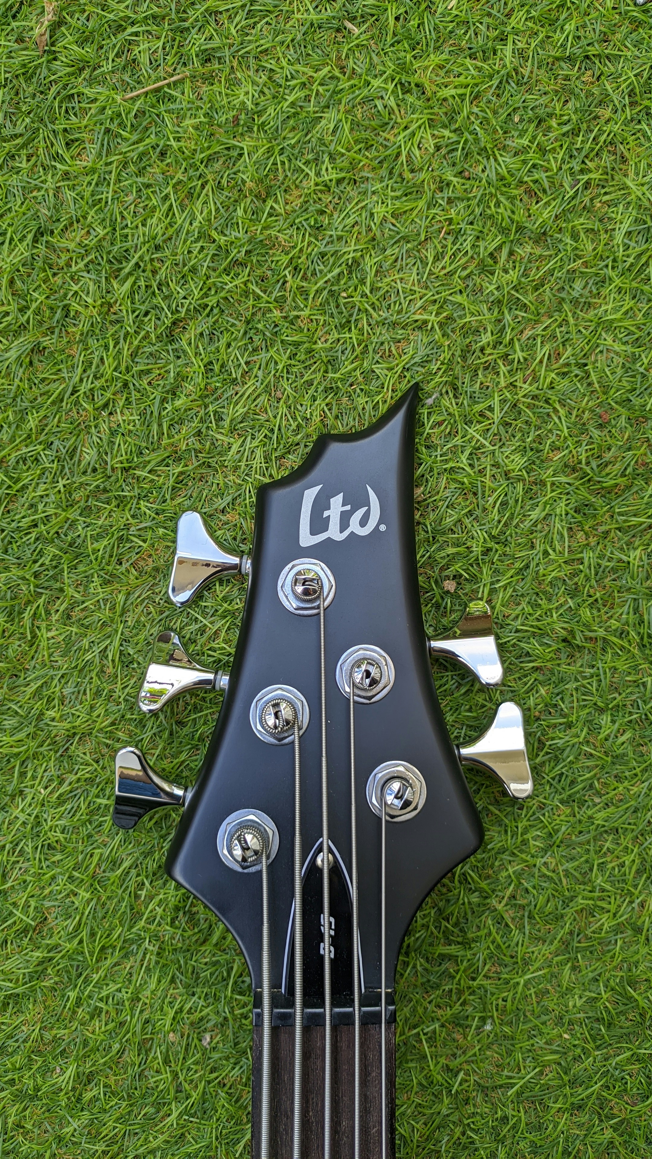 Chrome-Tuned Headstock on Green Grass: A Close-Up