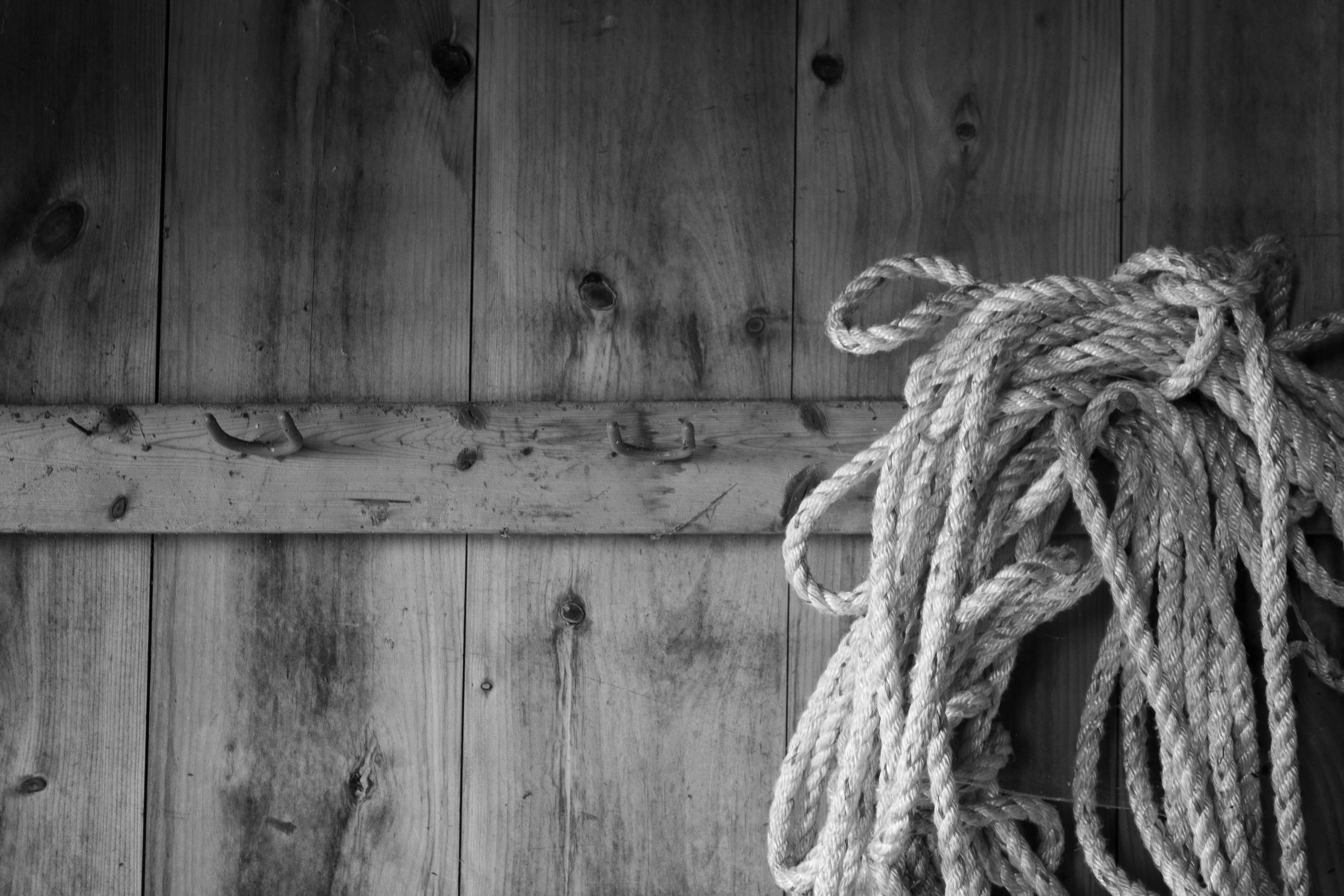 Tangled Rope Against Weathered Wood: A Monochrome Still-Life