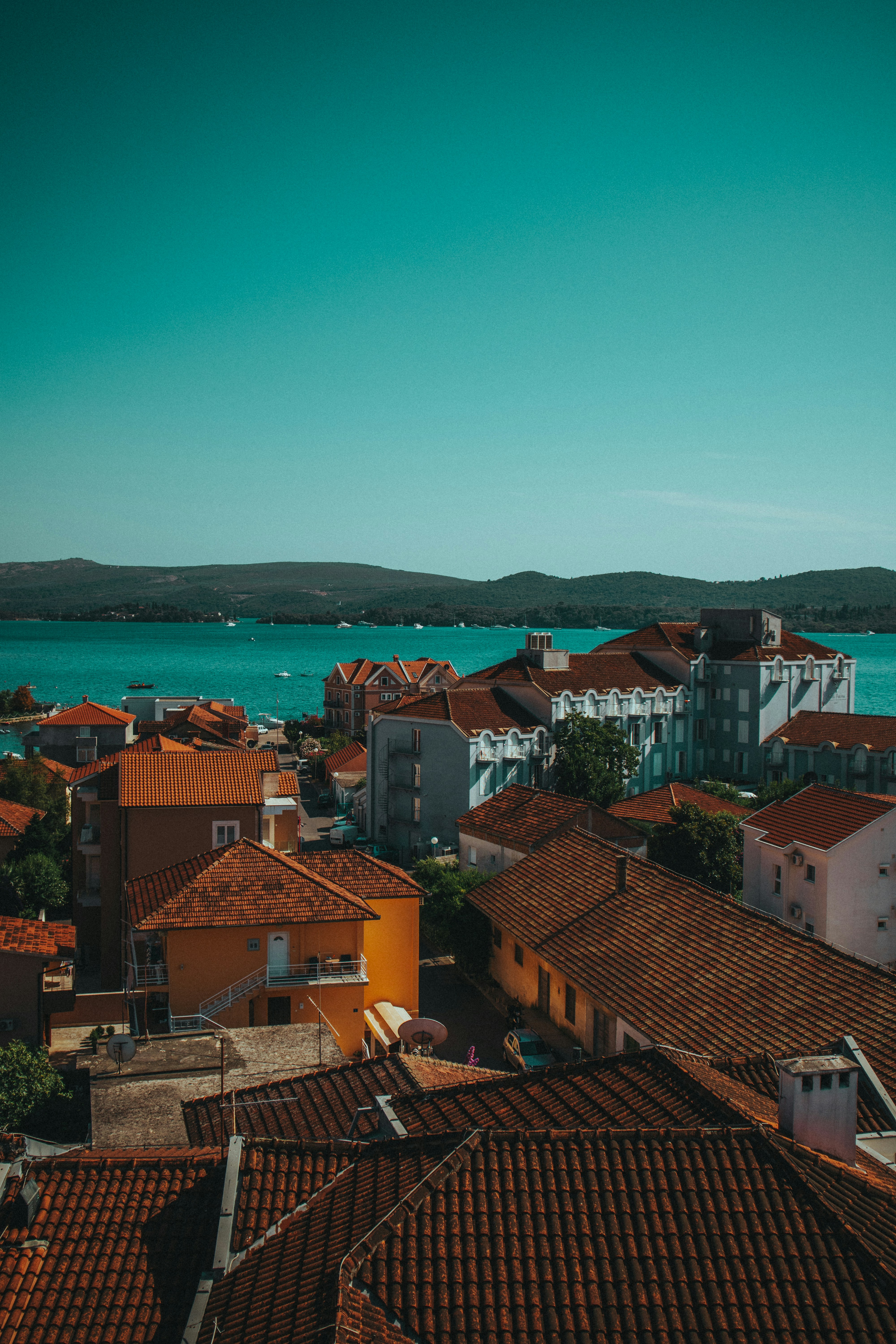 Rooftop Mosaic Over a Turquoise Harbor