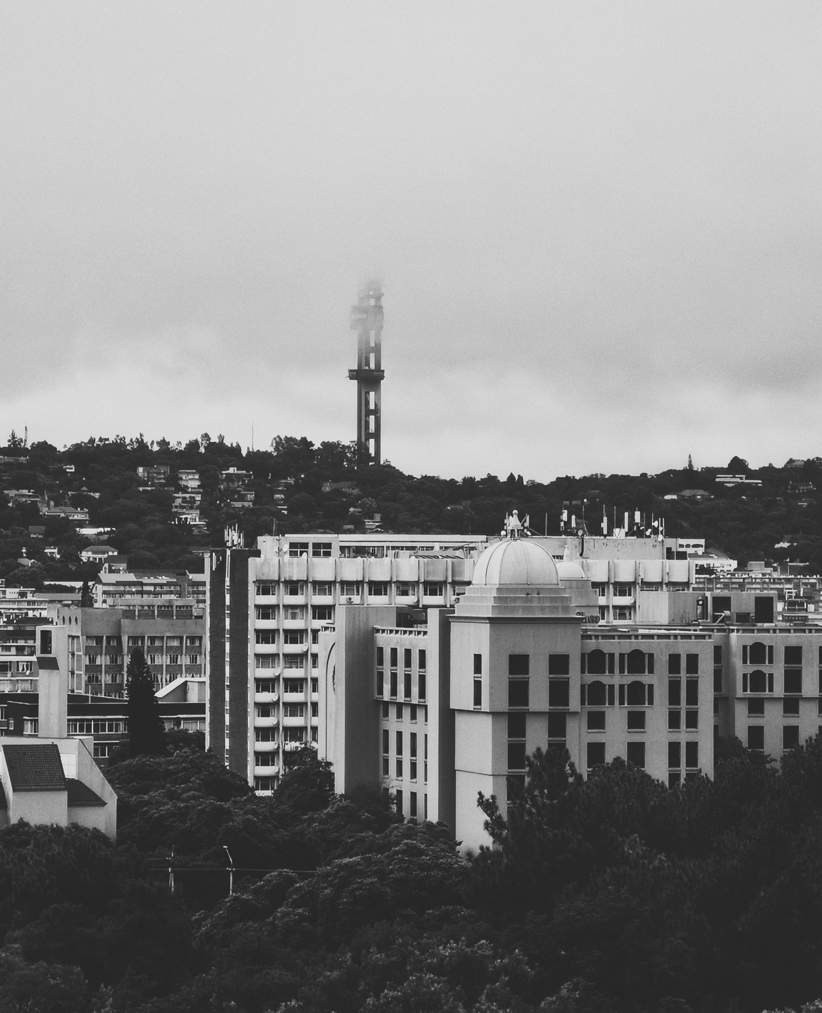 Monochrome cityscape features a domed building in the foreground with a distant antenna tower on a muted horizon. The composition emphasizes architectural geometry against a subdued, clouded skyline.