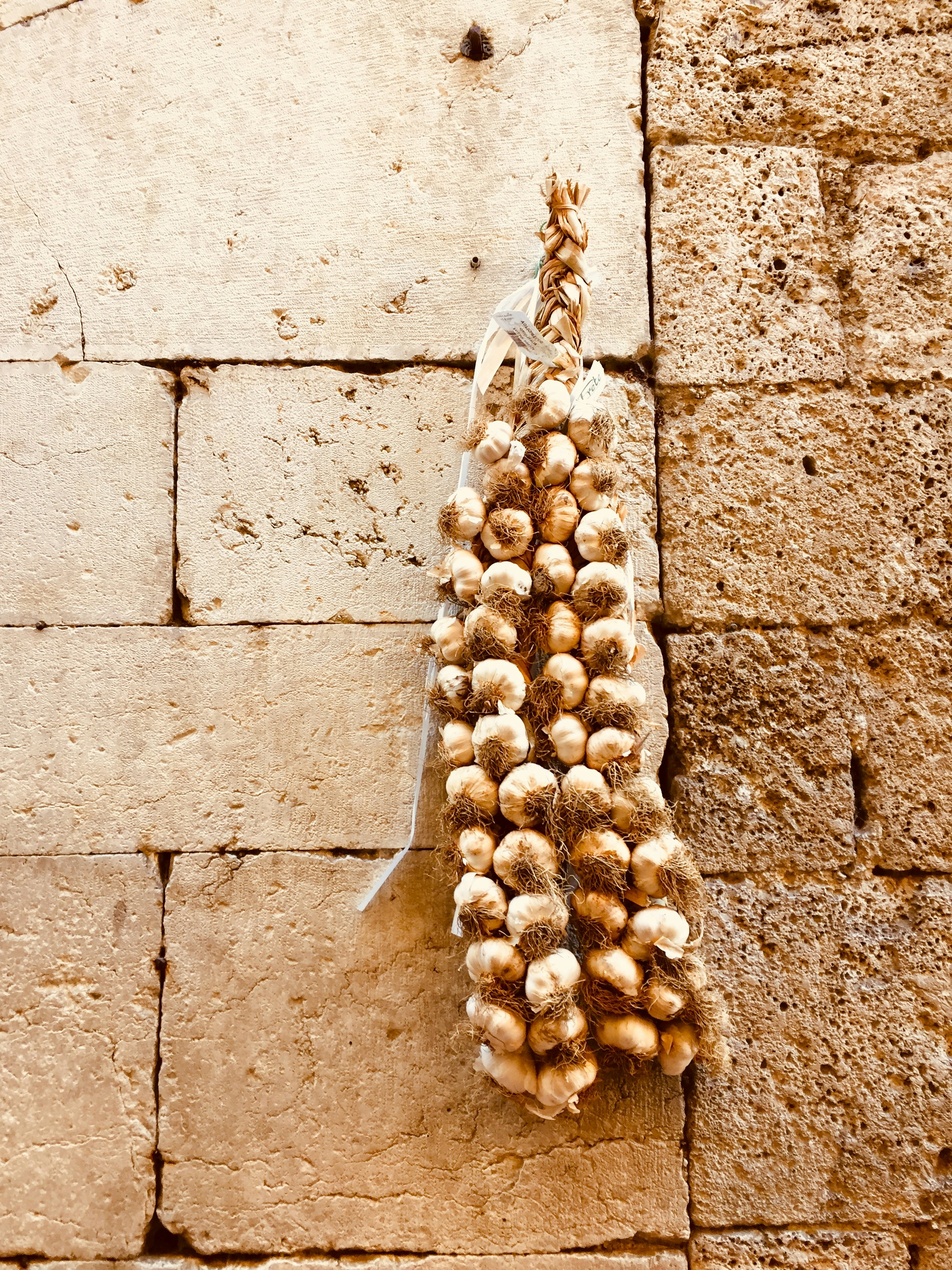 A braided bundle of garlic hanging against a textured stone wall, showcasing traditional culinary practices.