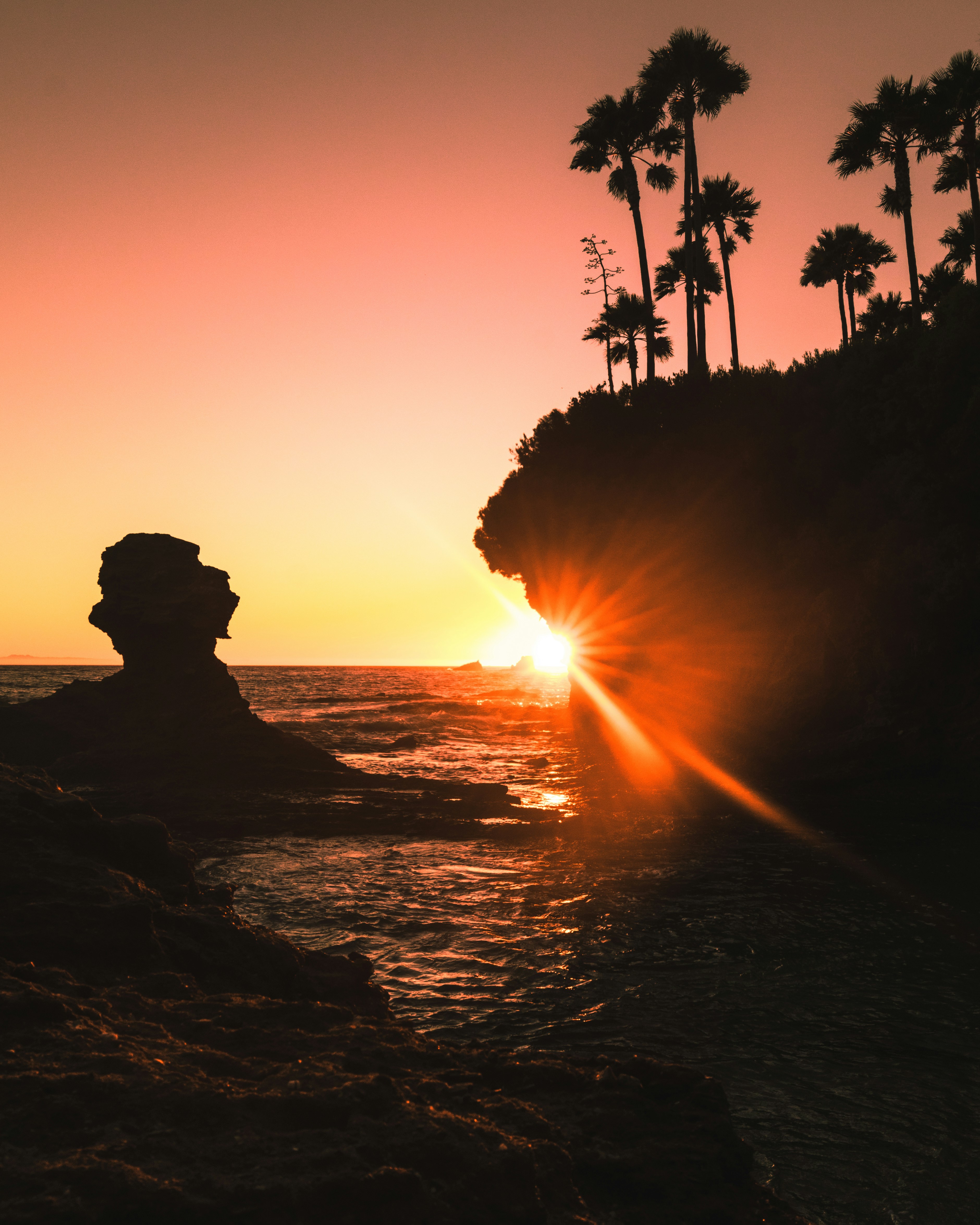 silhouette of man sitting on rock near body of water during sunset
