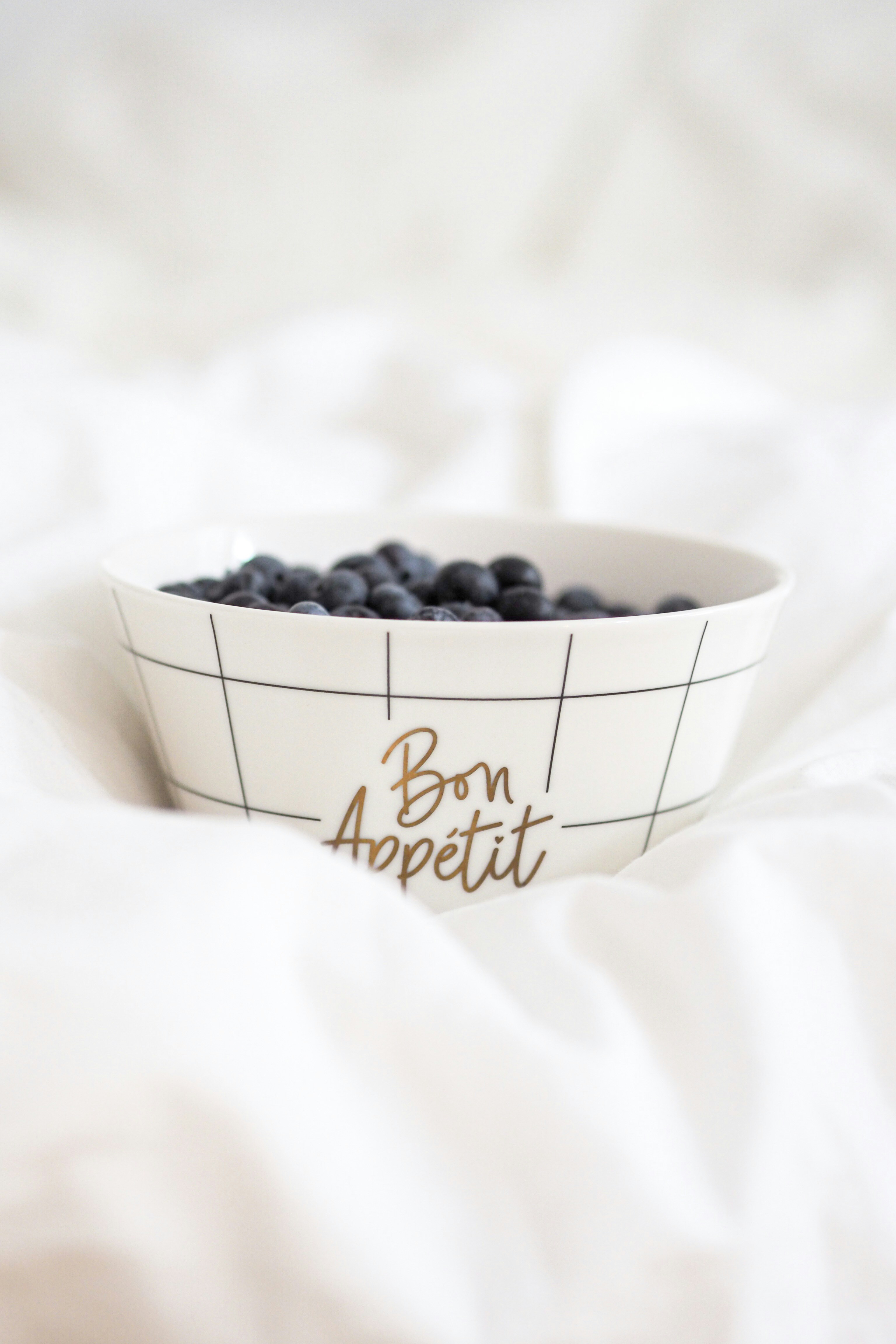 Blueberries in a Grid-Lined Bowl: Quiet Luxury on White Silk