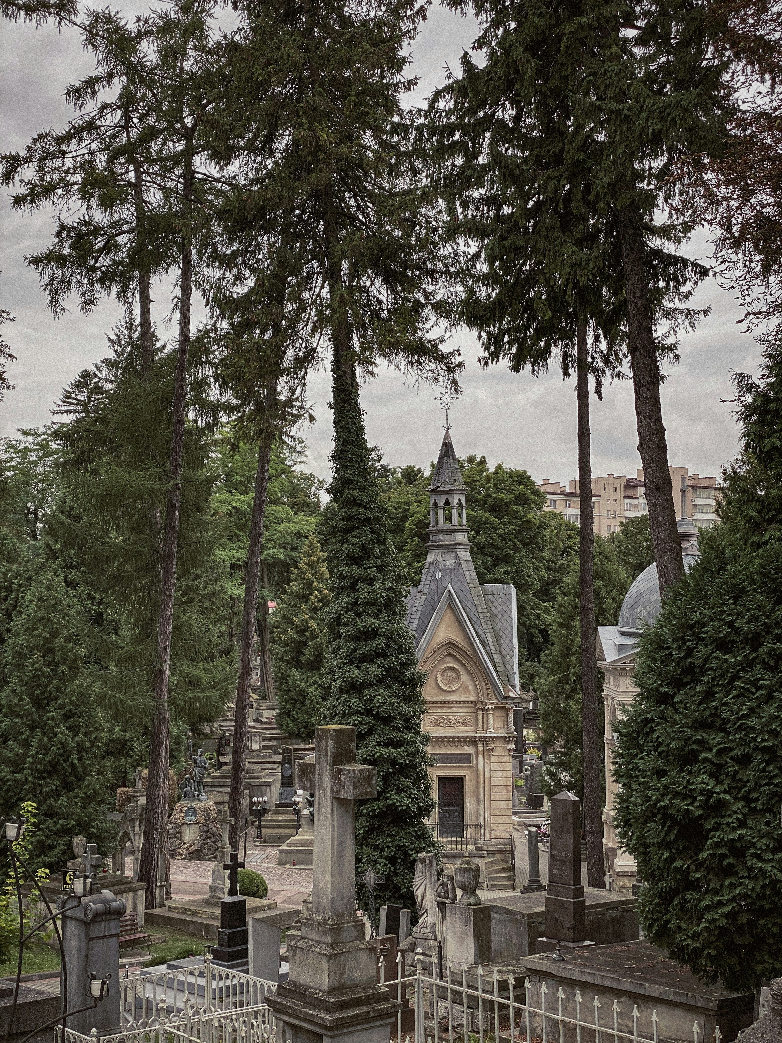 An atmospheric view of a cemetery, featuring ornate tombstones and lush trees, with a historical mausoleum in the background. The scene evokes a sense of tranquility and reflection.