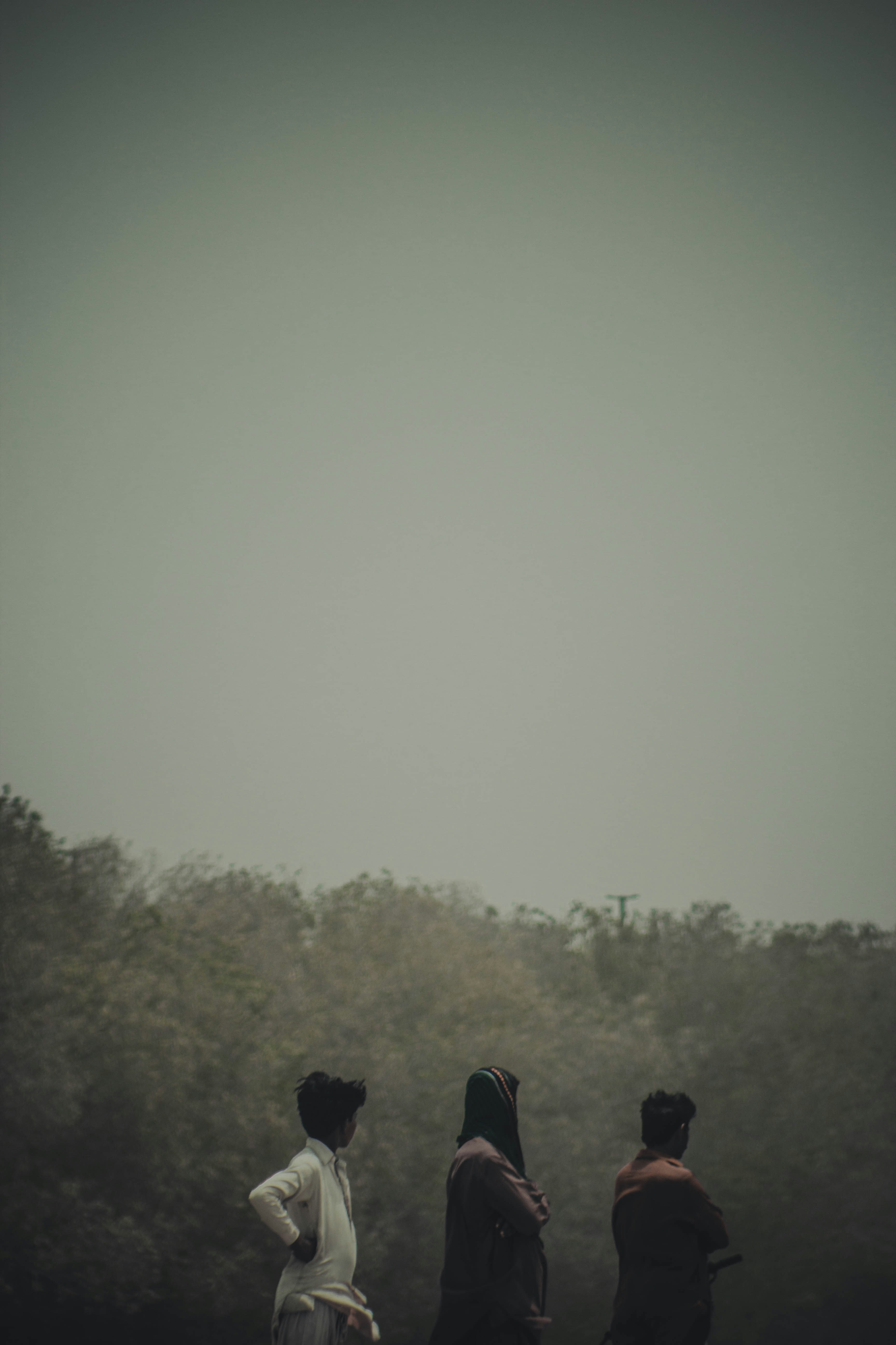 Three silhouettes at dusk: a quiet line against a hazy horizon