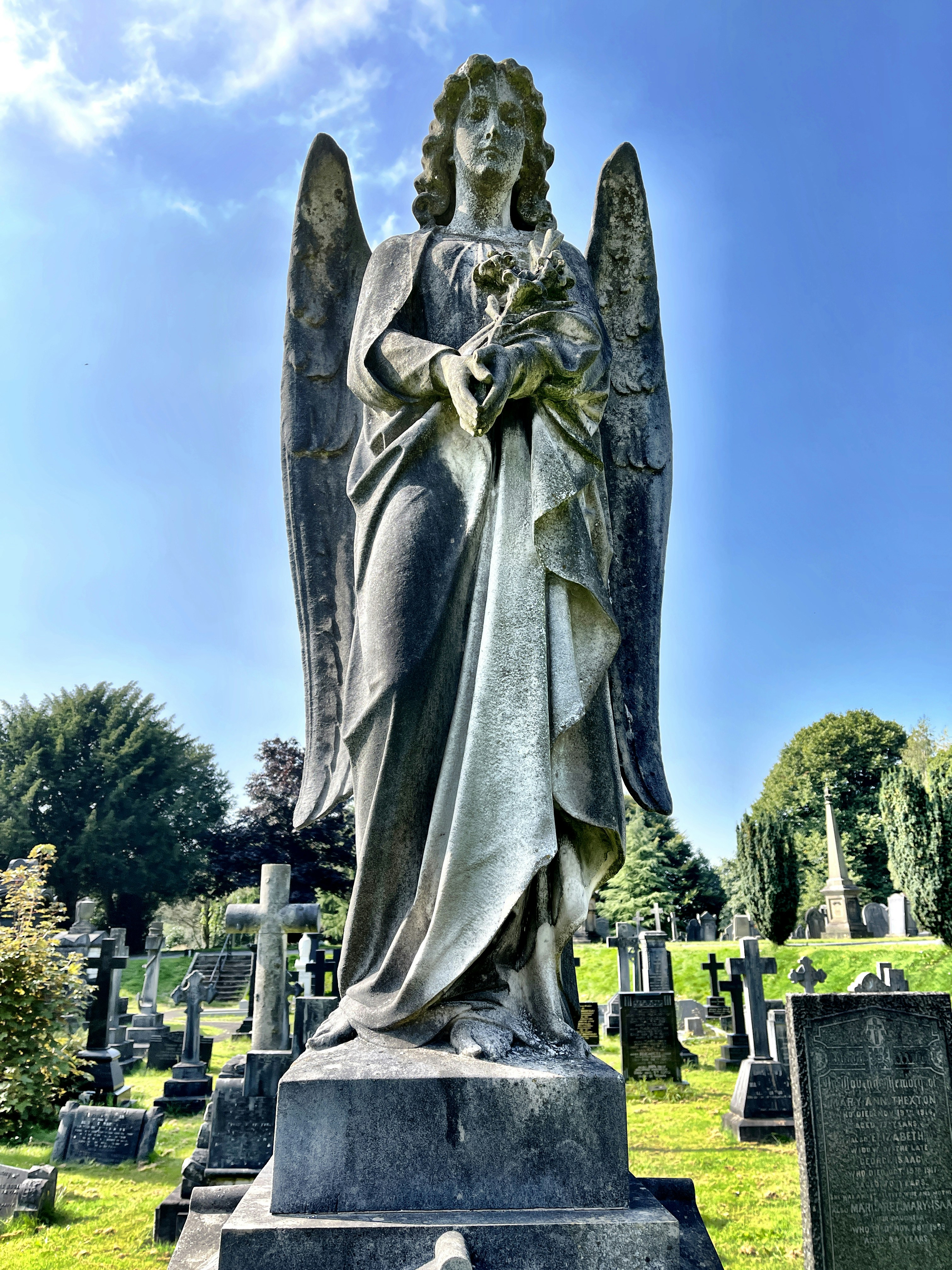 Guardian Angel Over the Graveyard: A Stone Sentinel Surrounded by Laurel and Light