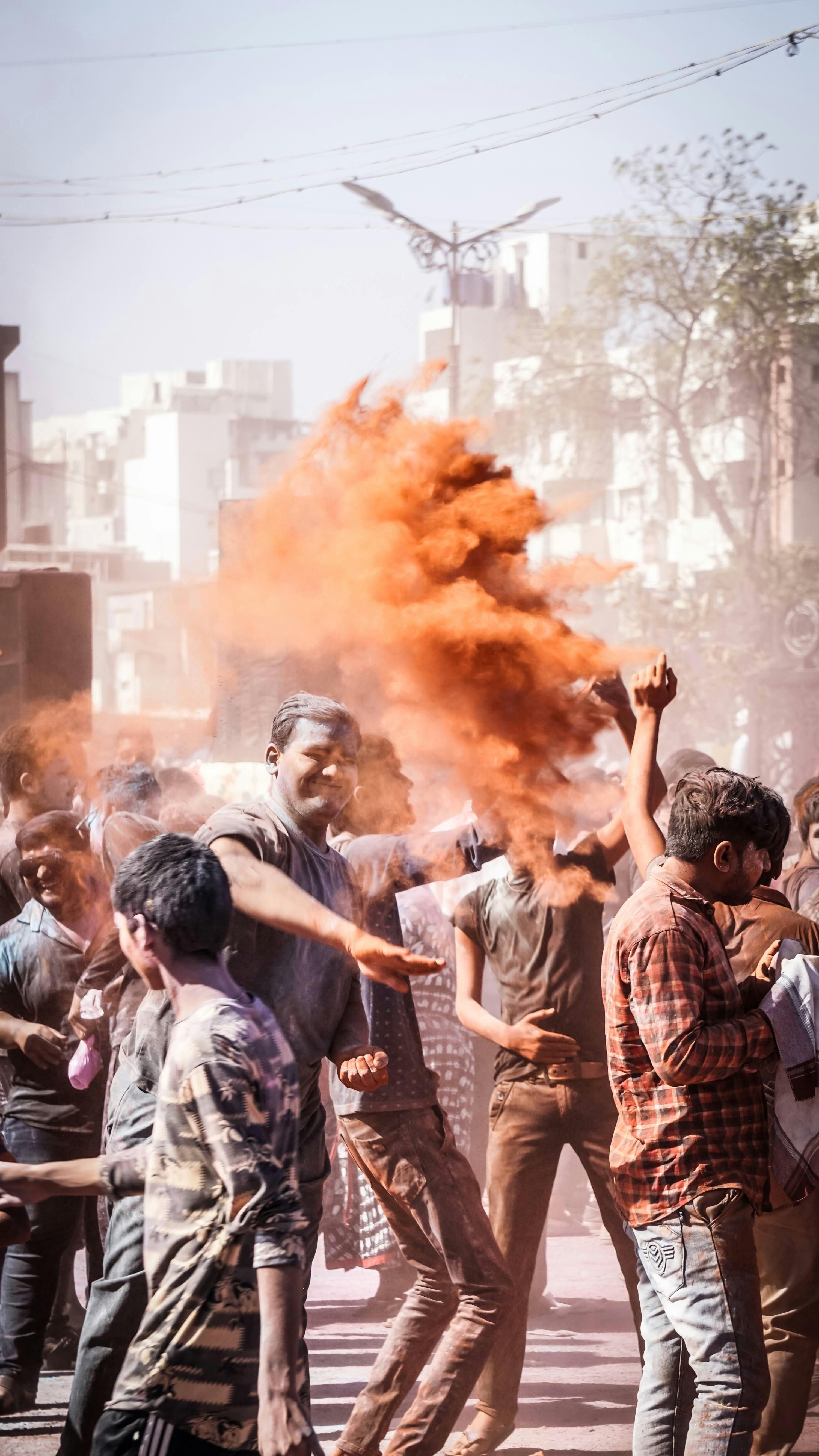 Crimson Smoke Over a City Street Rally