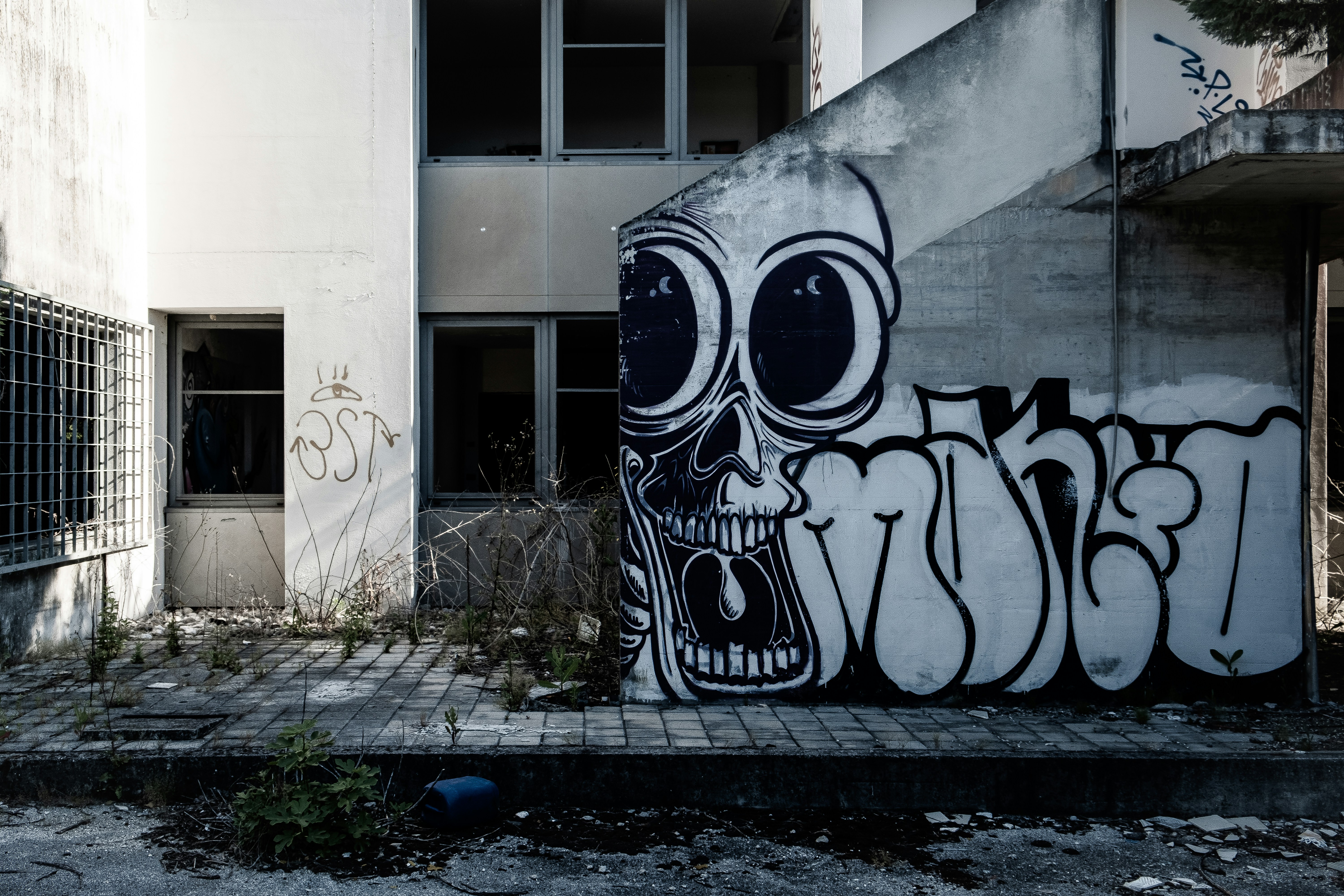 Giant Skull Graffiti Guards a Crumbling Industrial Corner