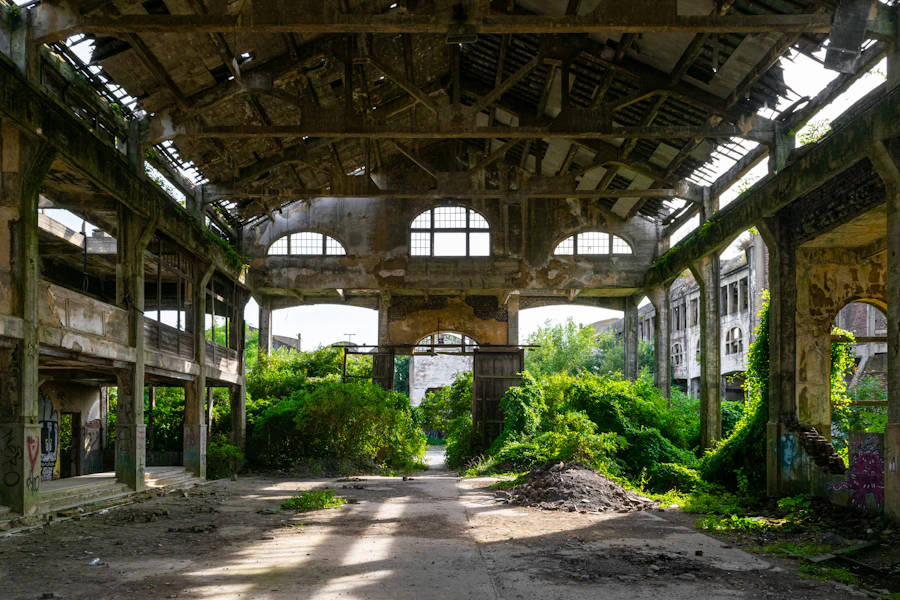 Photograph of an abandoned factory hall overgrown with greenery, with sunlight streaming through broken windows and the crumbling roof. The scene highlights decay tempered by nature's reclamation.
