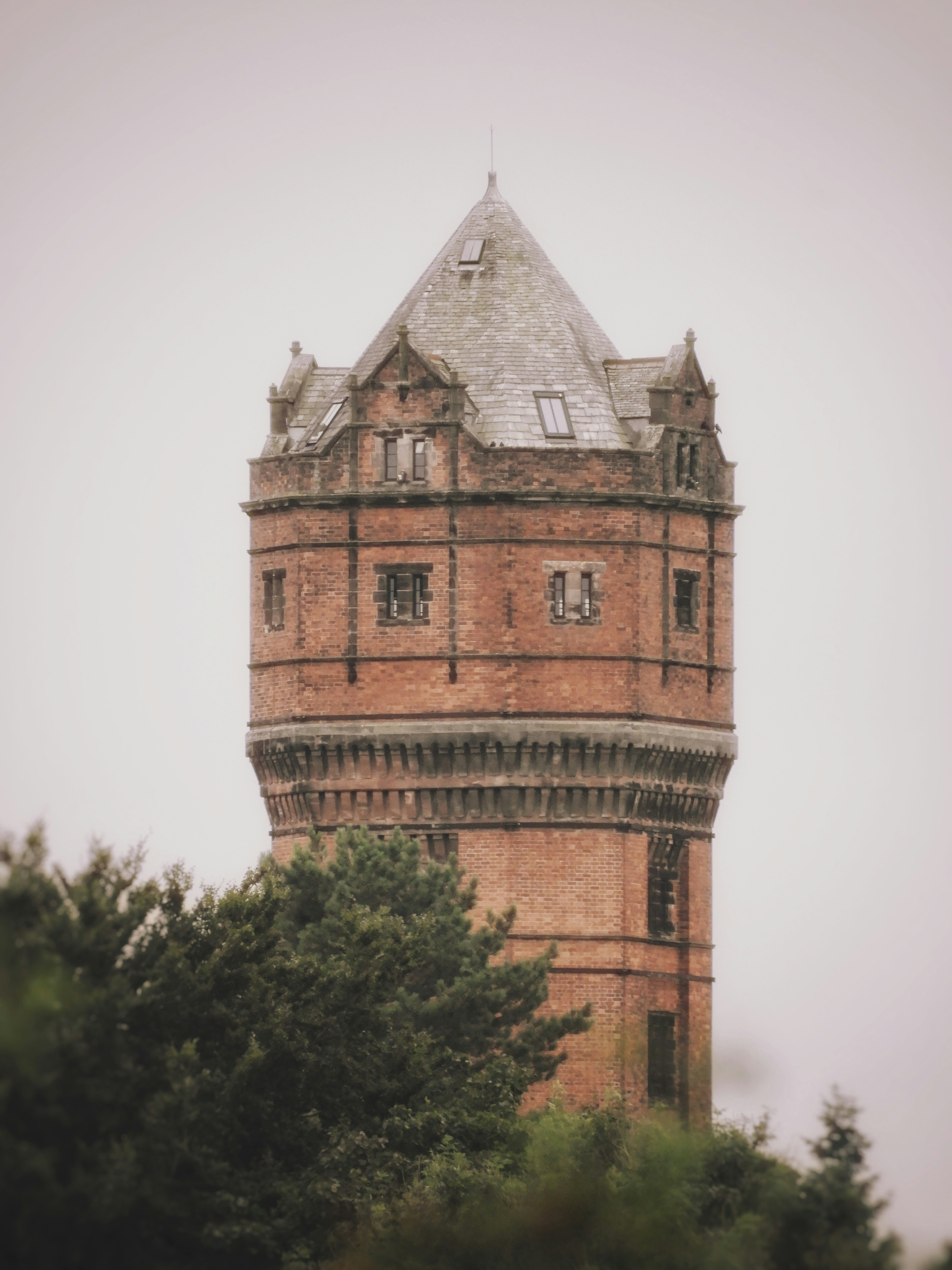 Brick Sentinel: A Tower Rising Above Greenery in Soft Mist
