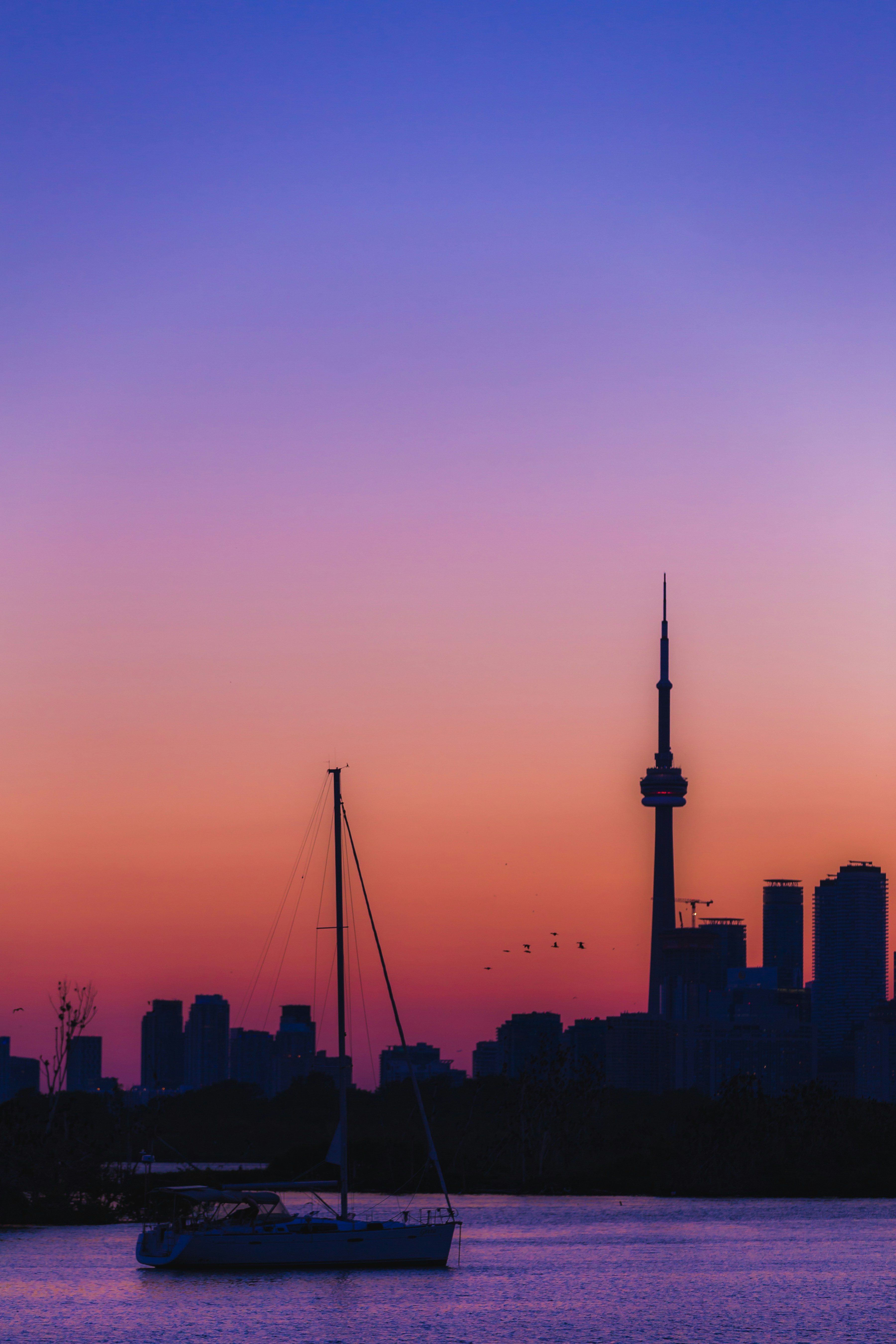 Twilight Silhouette Over the Harbour: Sailboat Framed by the City Tower