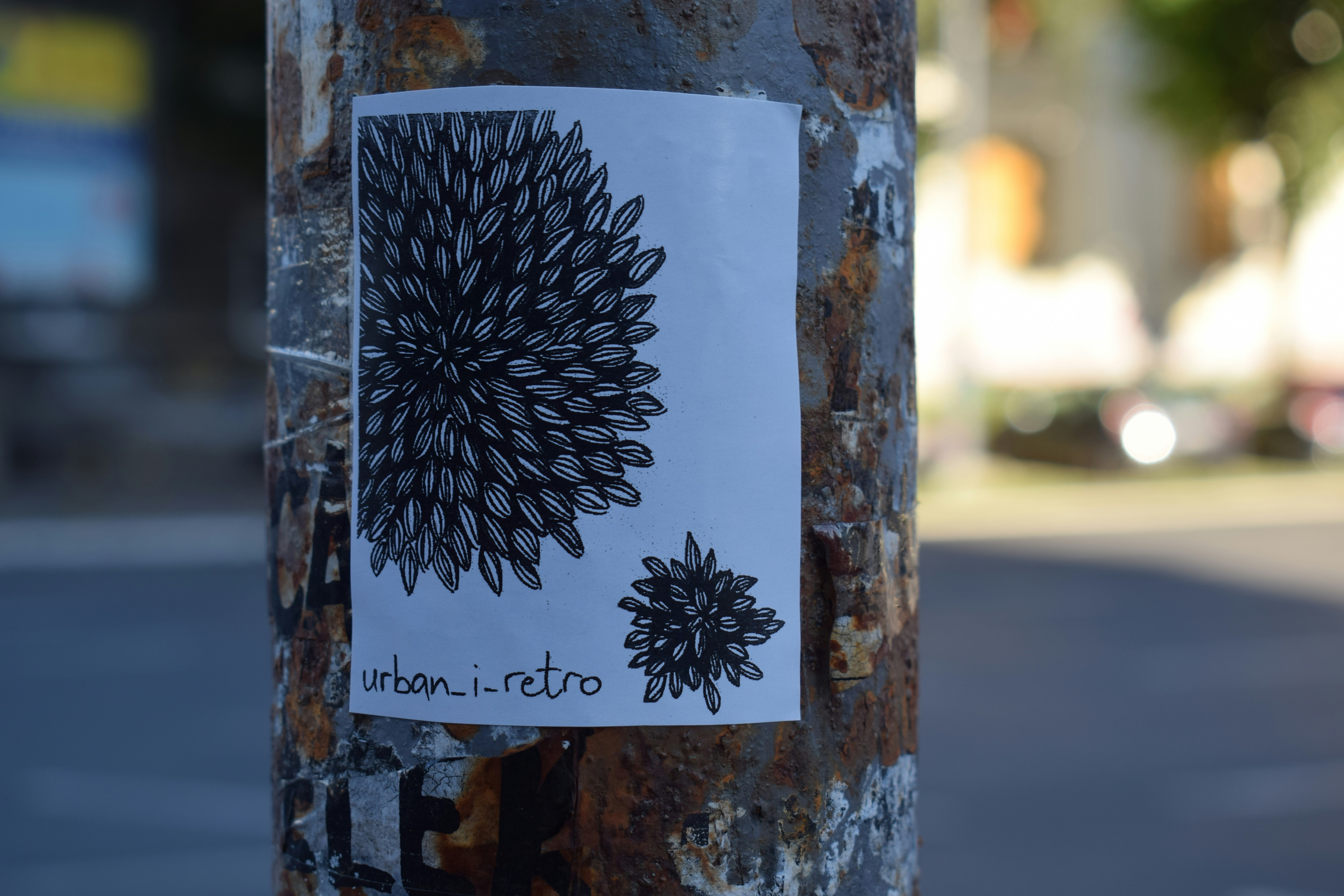Urban Bloom: a Stickered Poster on a Rusted Pole