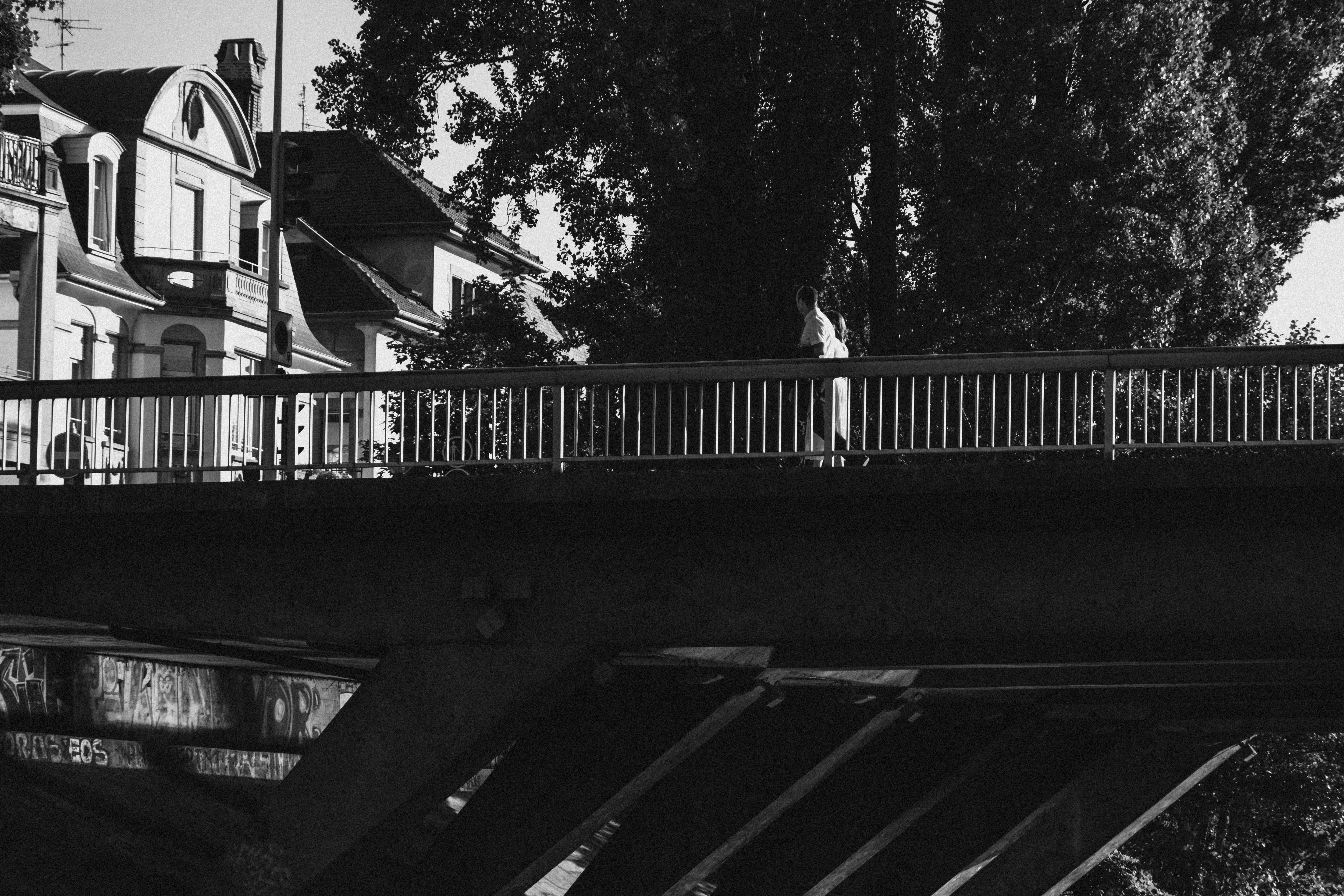 A solitary figure stands on a bridge, framed by urban architecture and lush trees, capturing a moment of reflection in a monochromatic scene.