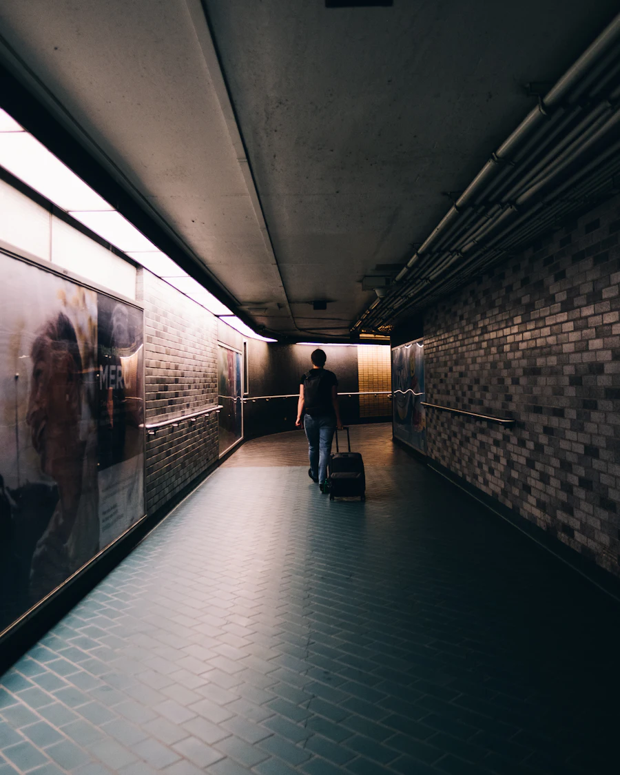 A lone traveler walks away down a tiled underground corridor, pulling a suitcase under low industrial lighting. Posters line the walls and the scene fades into a dark vanishing point.