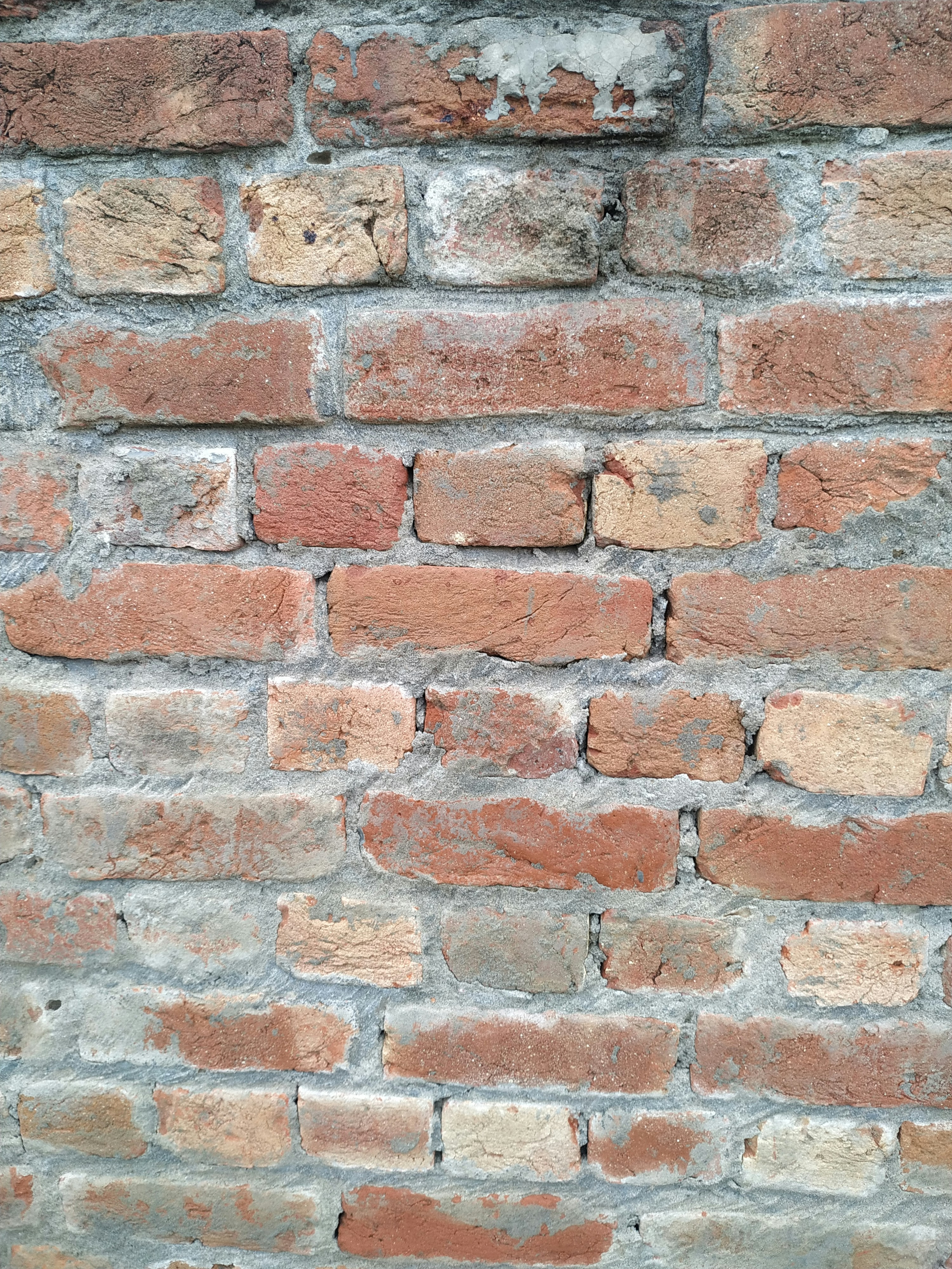 Close-up of an aged brick wall showcasing a blend of earthy tones and textures, revealing the passage of time and weathering effects.