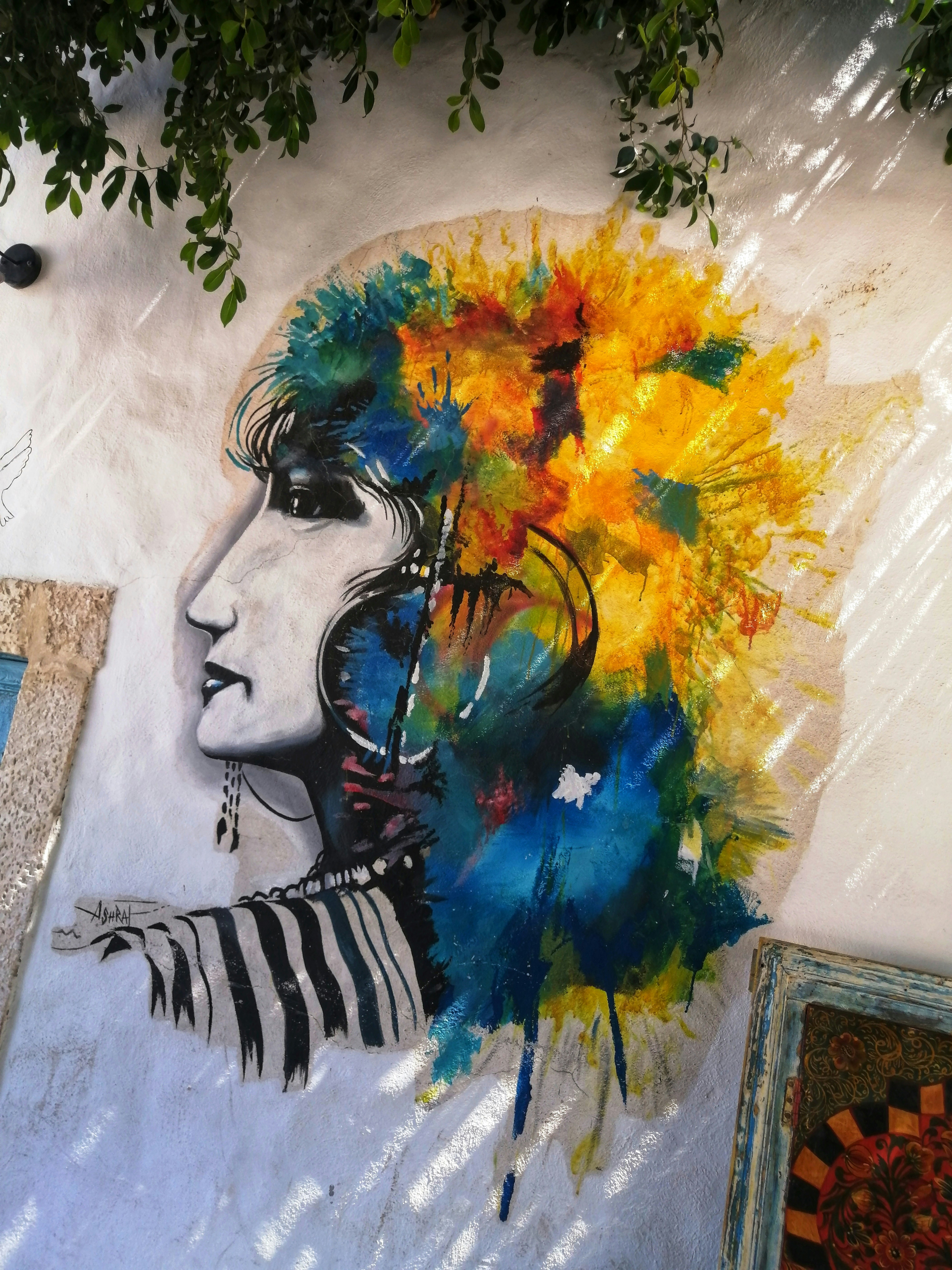 Colorful mural painting of a woman's profile with abstract, multicolored hair on a sunlit wall.
