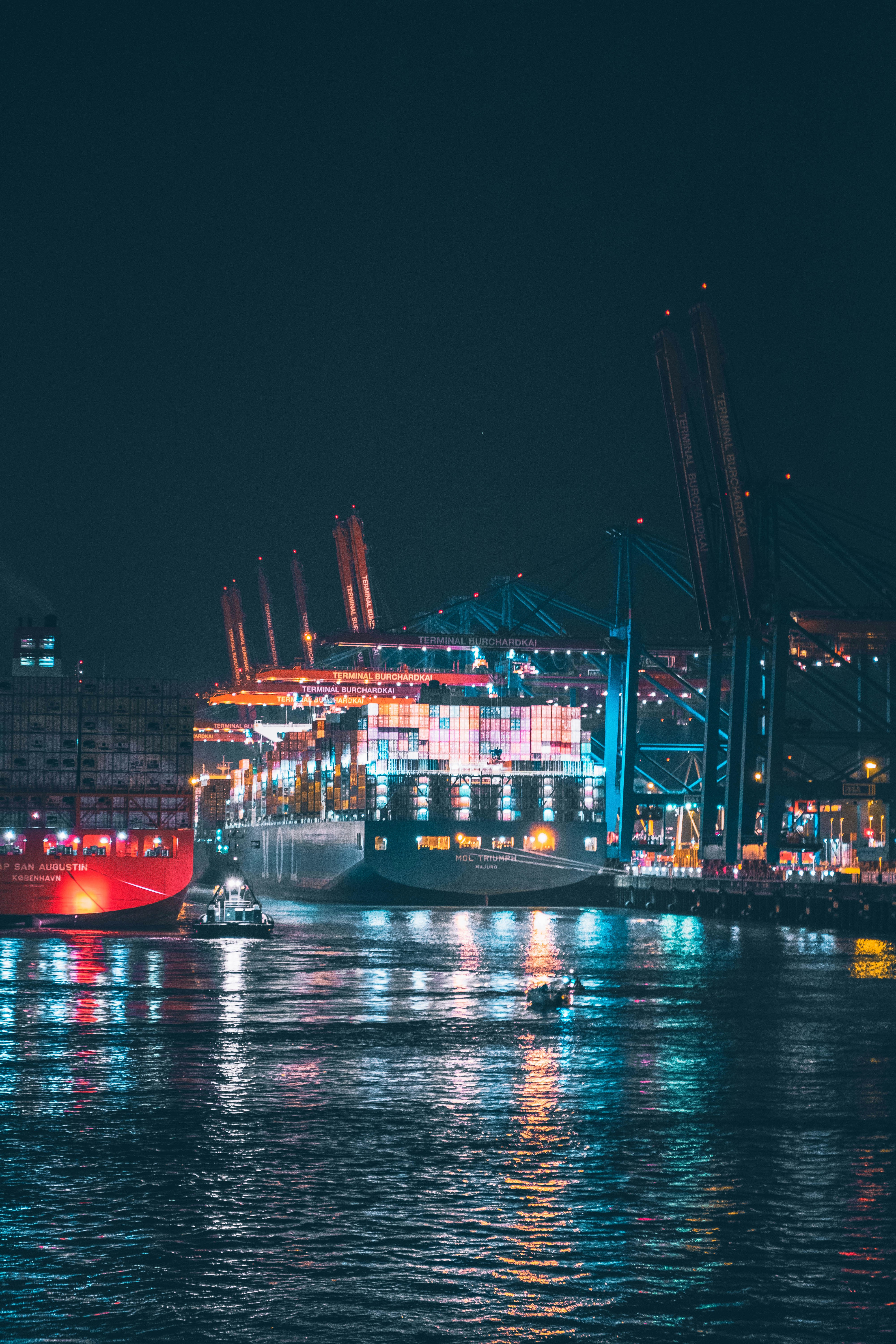 Harbor Neon at Midnight: Containers, Cranes, and Reflections
