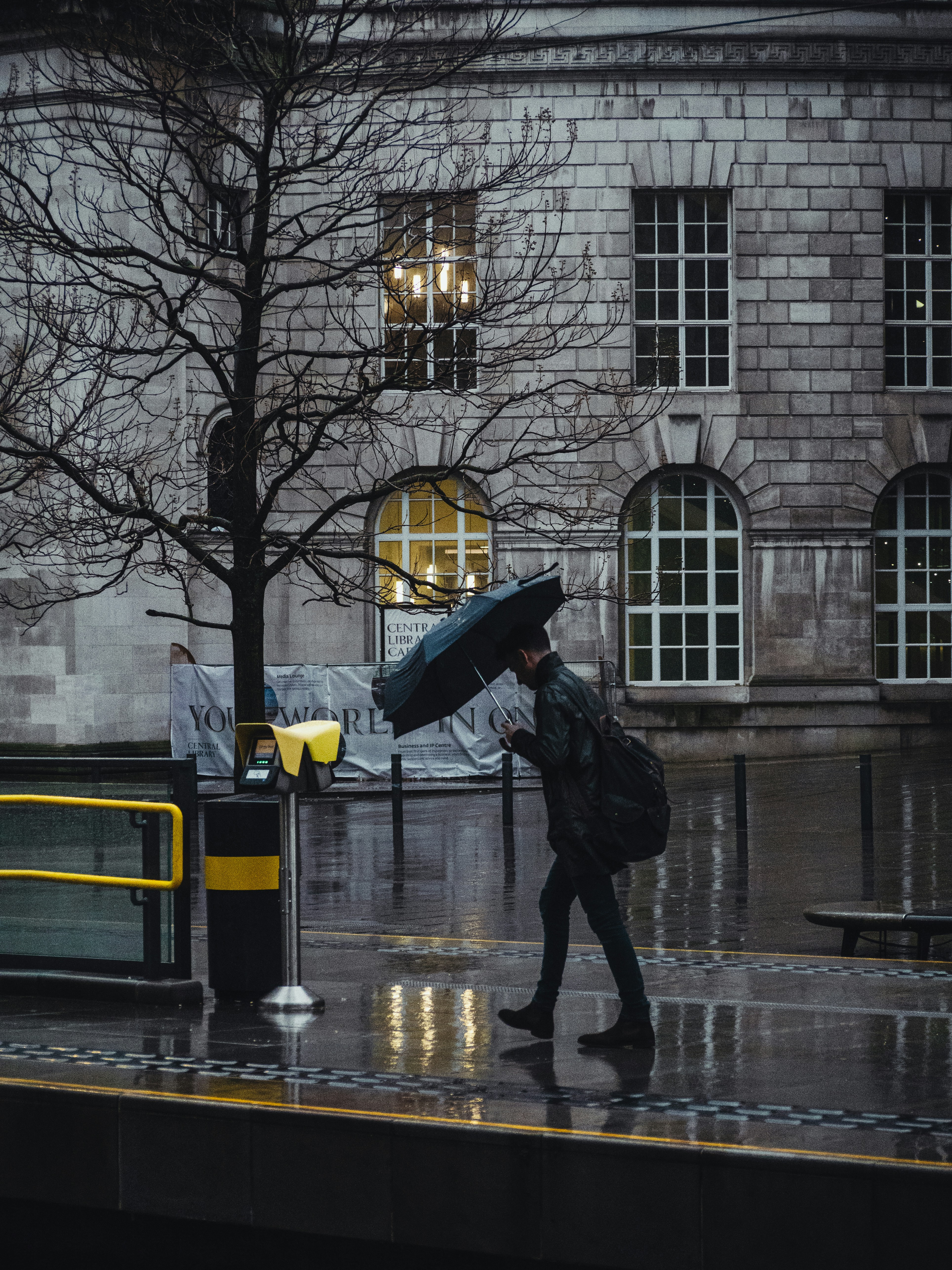 A lone figure with an umbrella walks along a wet pavement, surrounded by reflections of a historic building and bare trees. The atmosphere conveys a sense of quiet contemplation amidst the rain.