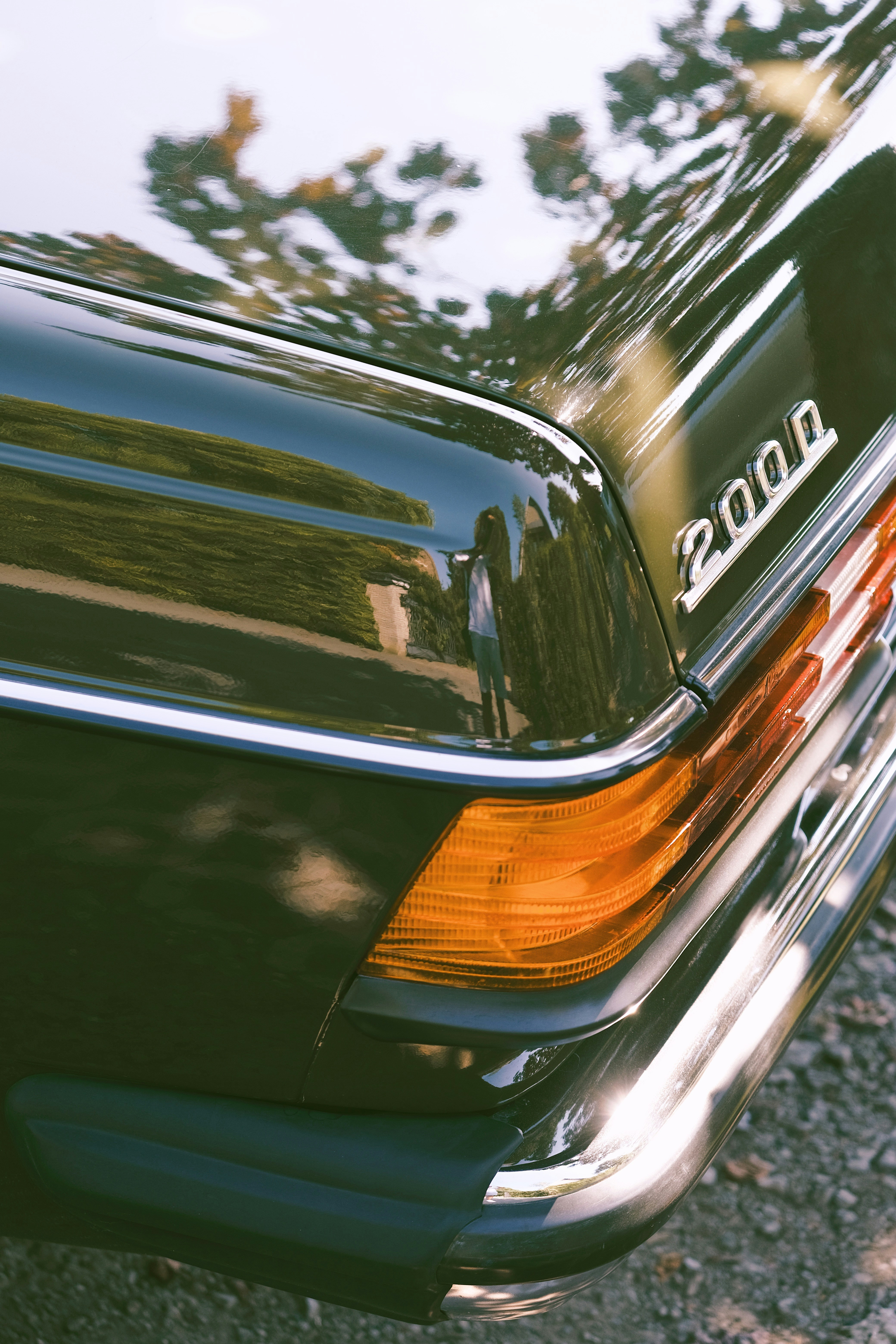 Close-up of a vintage car's rear detailing, showcasing the chrome accents and the reflection of surrounding greenery.