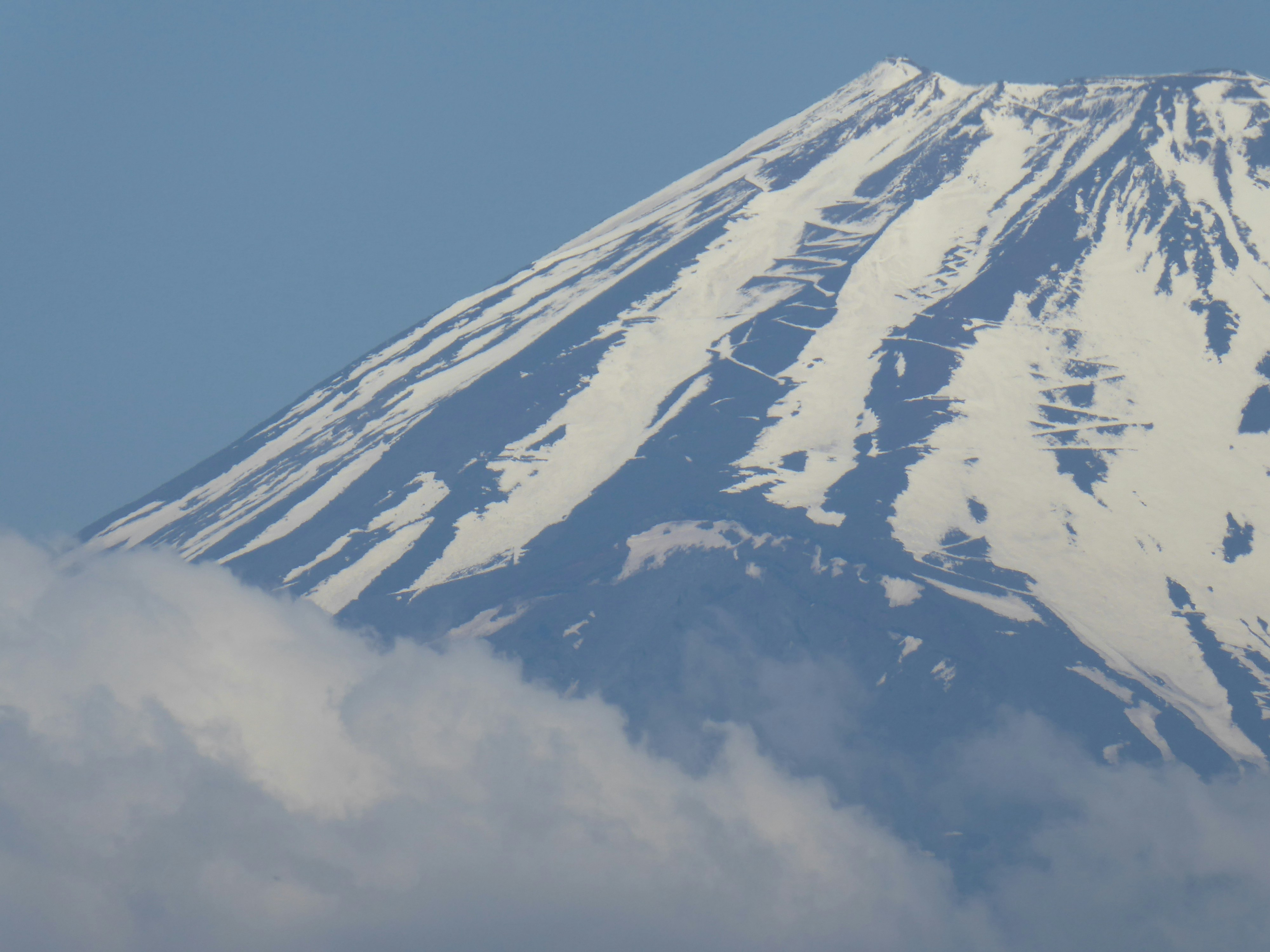 Snow-laden peak of Mt. Fuji emerging above soft clouds under a clear blue sky.