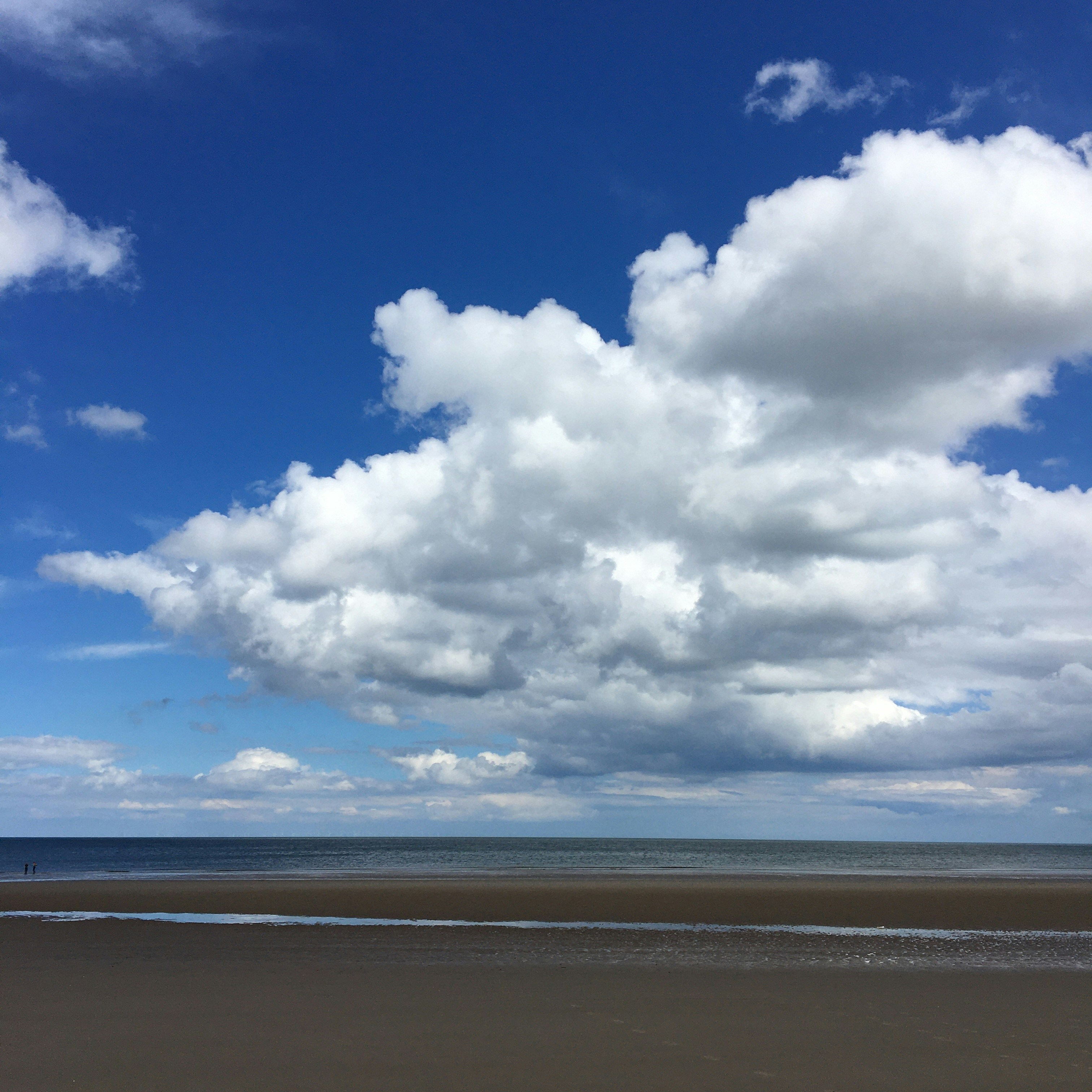 Expansive shoreline with gentle waves lapping against the sand, framed by a vibrant blue sky dotted with fluffy clouds.