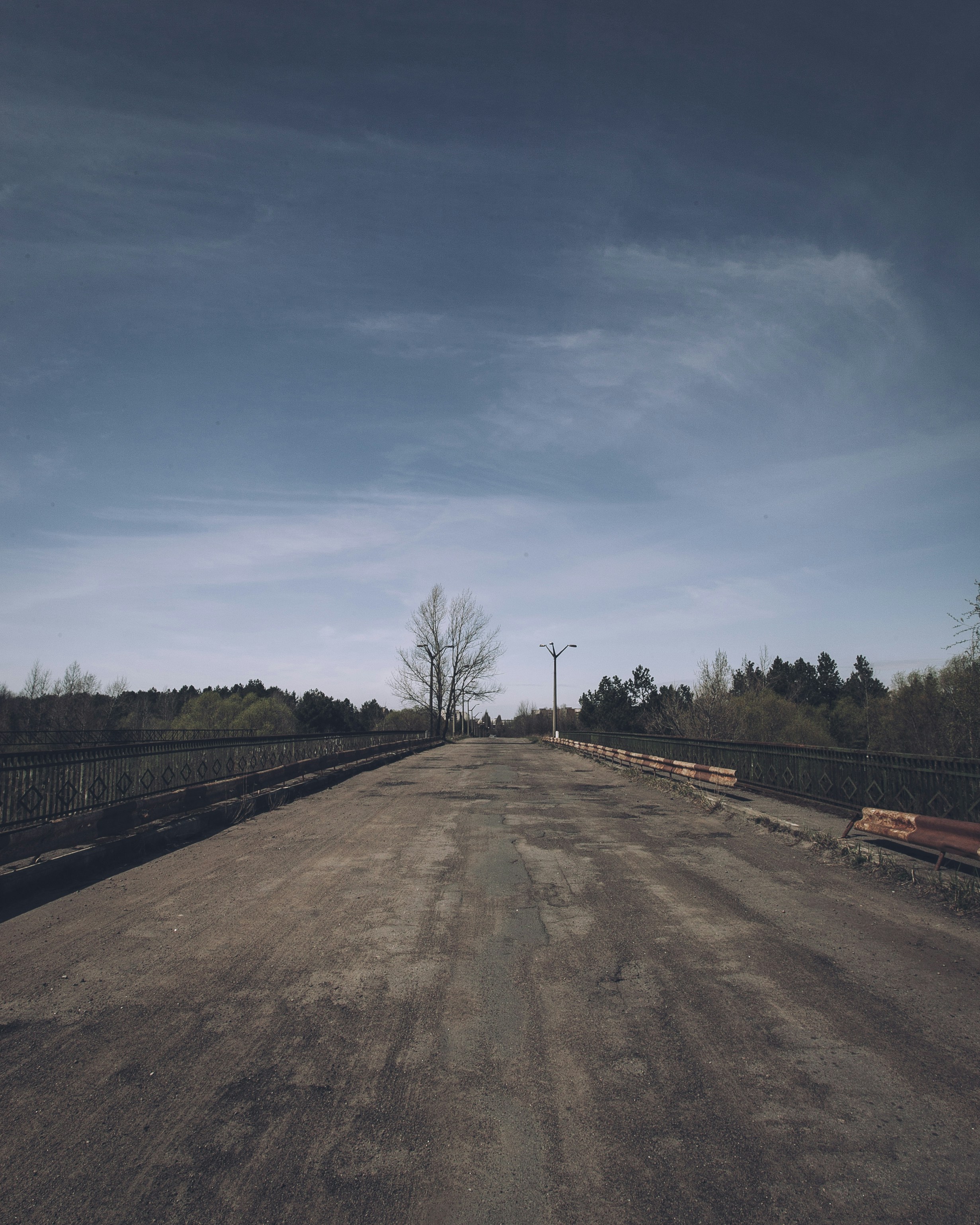 Deserted bridge stretching into the distance, flanked by barren trees under a clear blue sky.