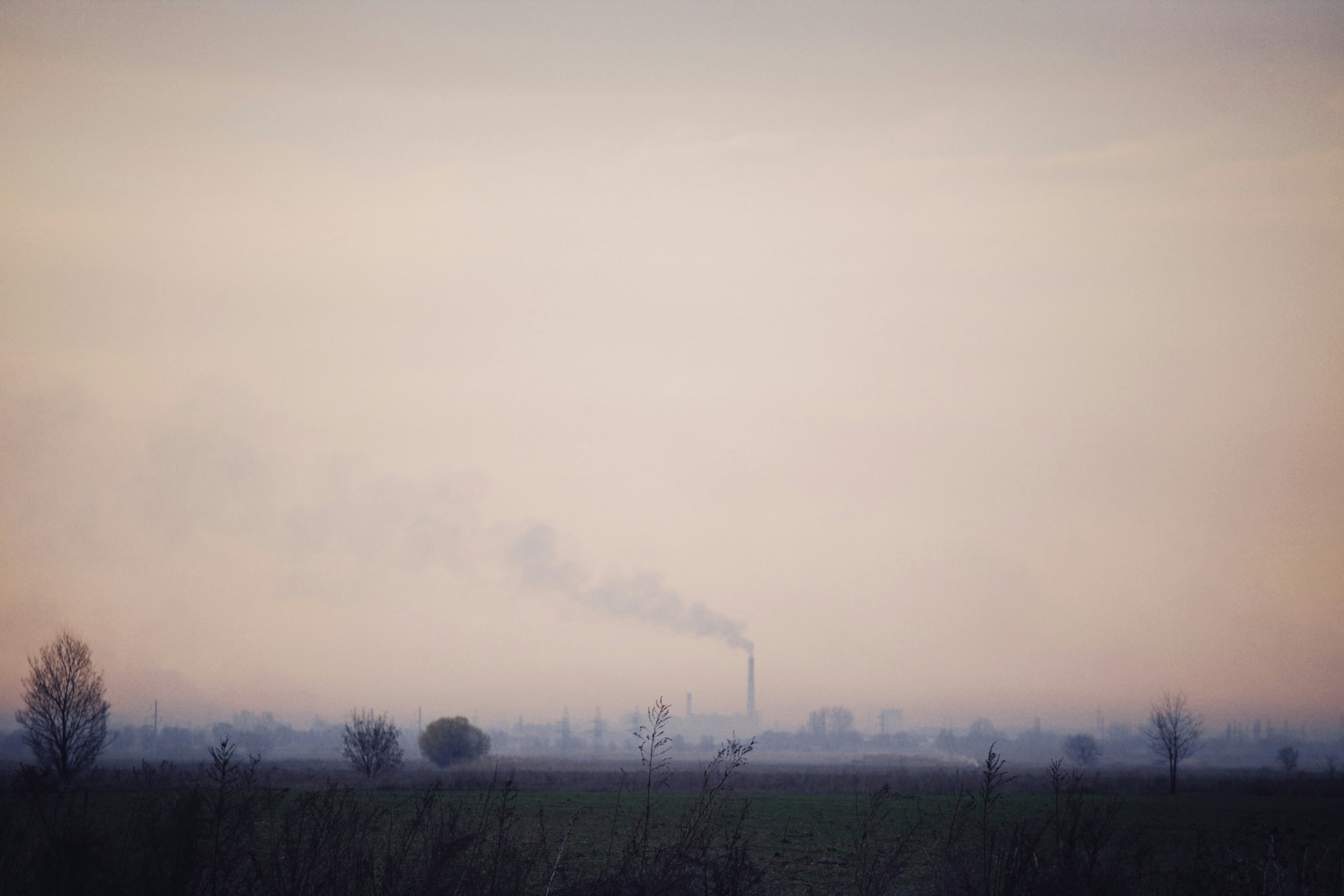 A foggy field with a factory in the distance photo – Free Nature Image ...