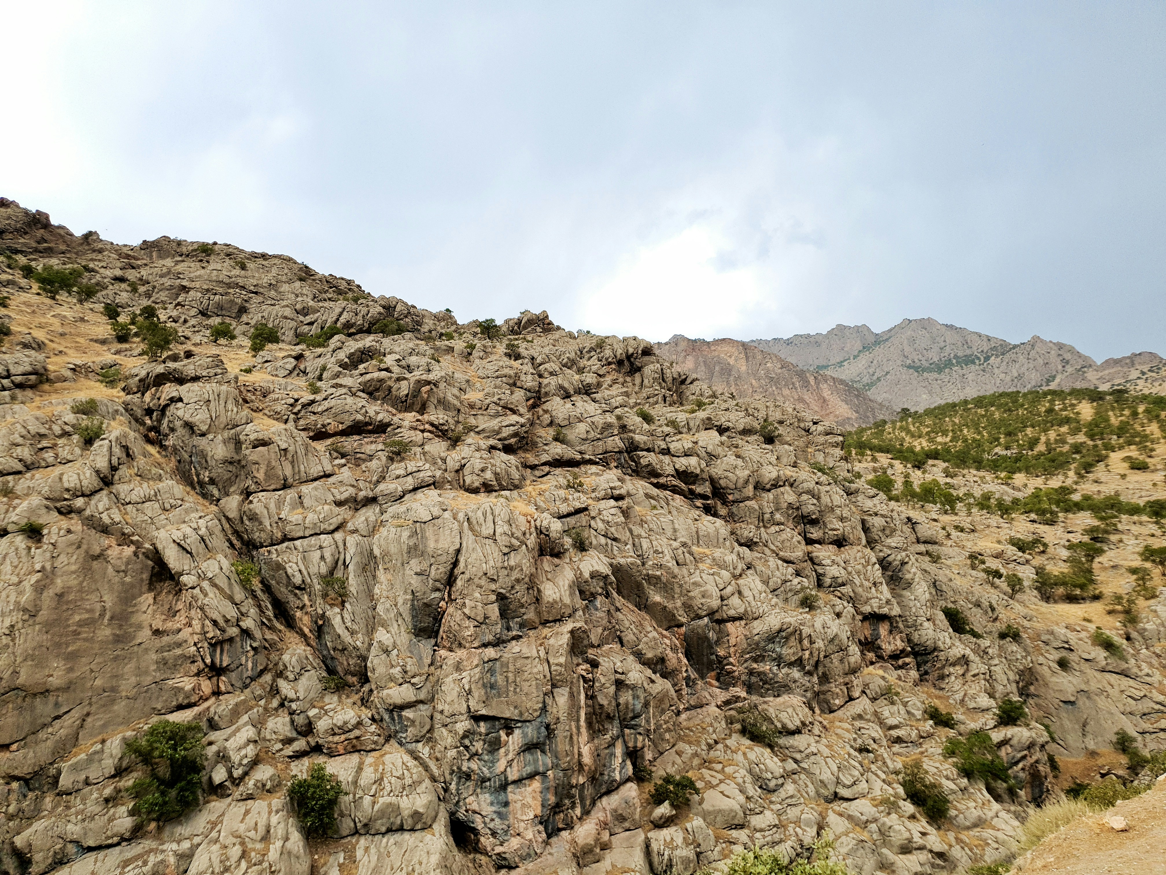 Rugged mountain landscape featuring textured rock formations and sparse vegetation under a cloudy sky.