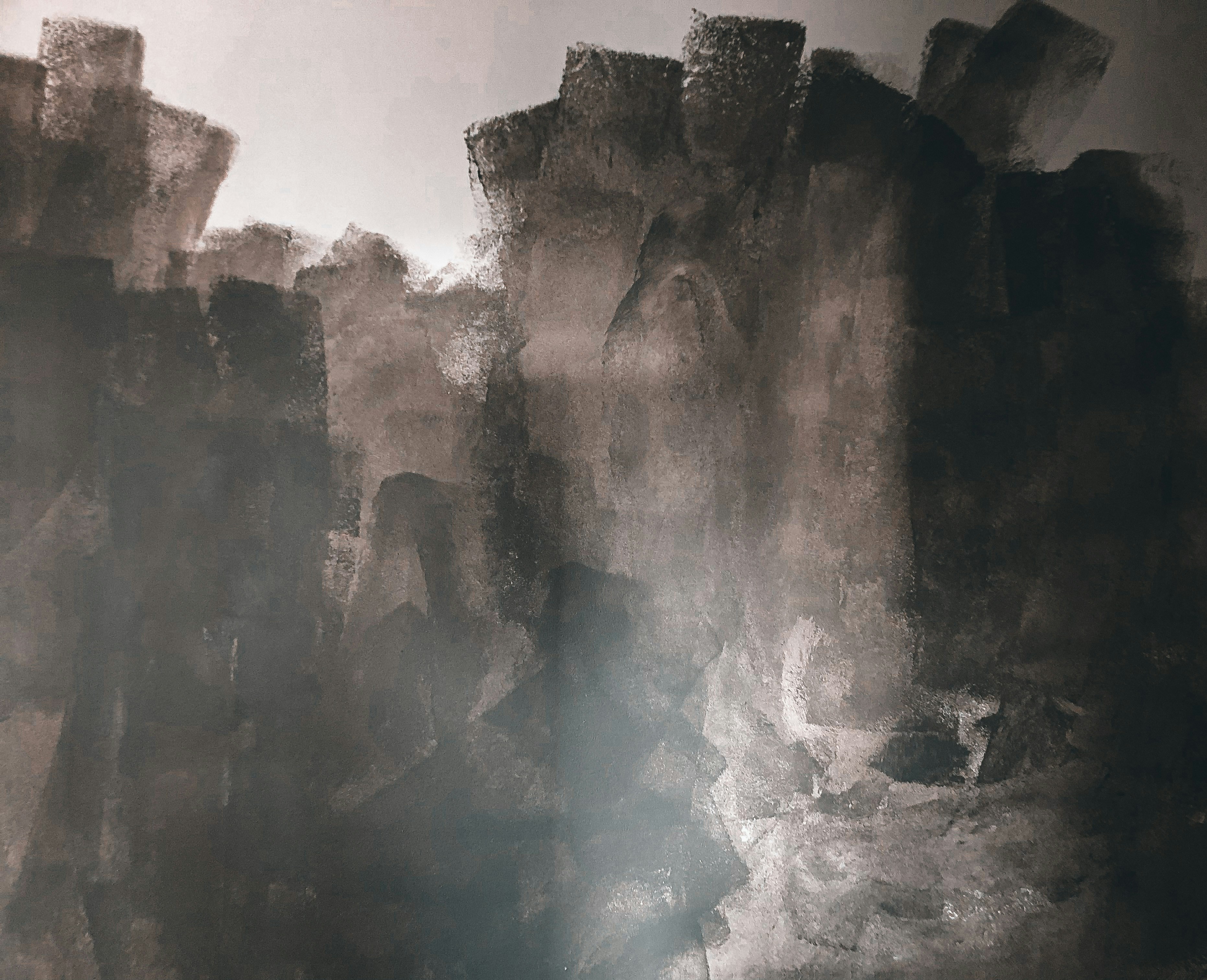Monochrome Skyline: Ghostly Towers in a Misty Brushwork