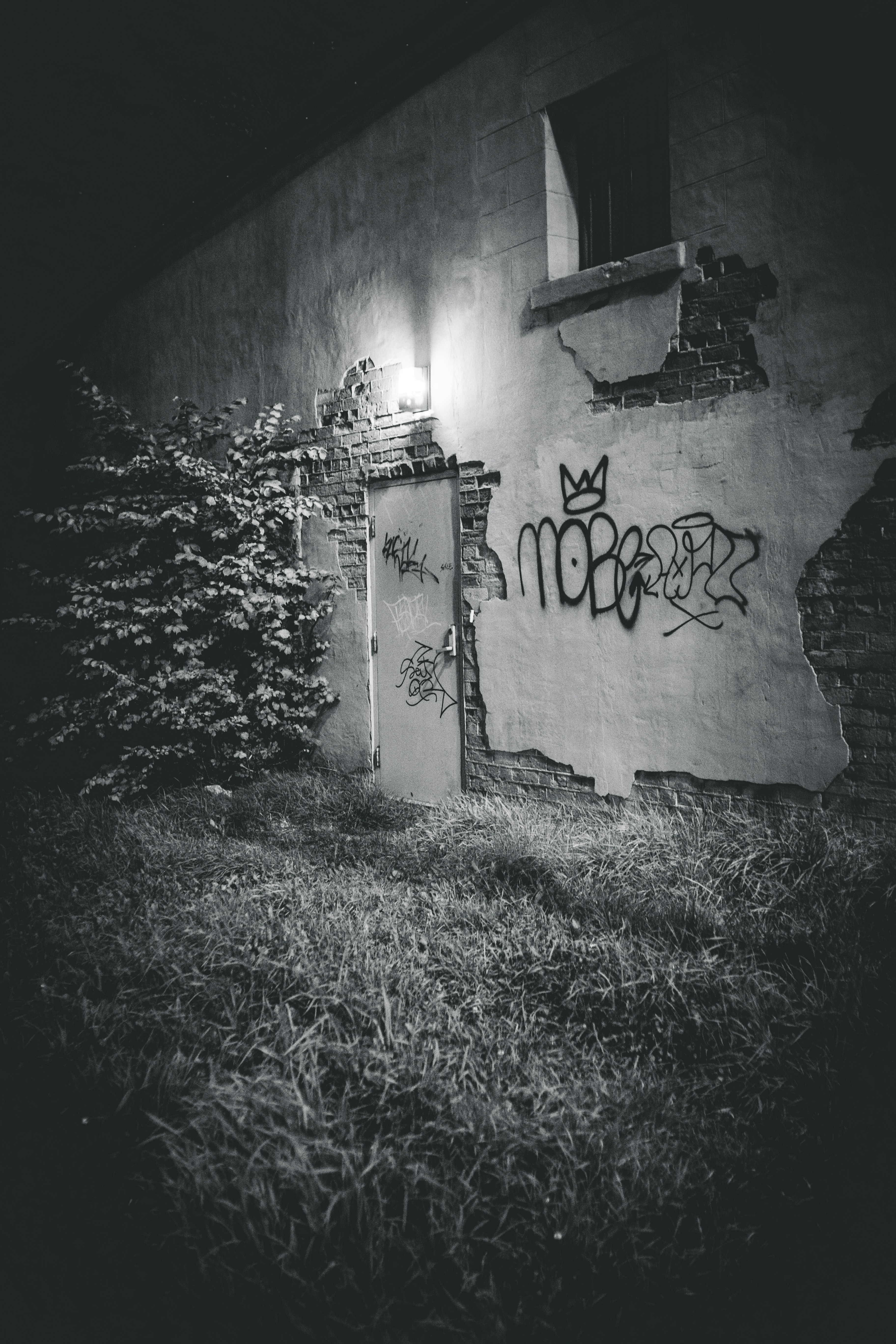 Moonlit Threshold: A Graffiti-Wrapped Door Nestled in Crumbling Brick