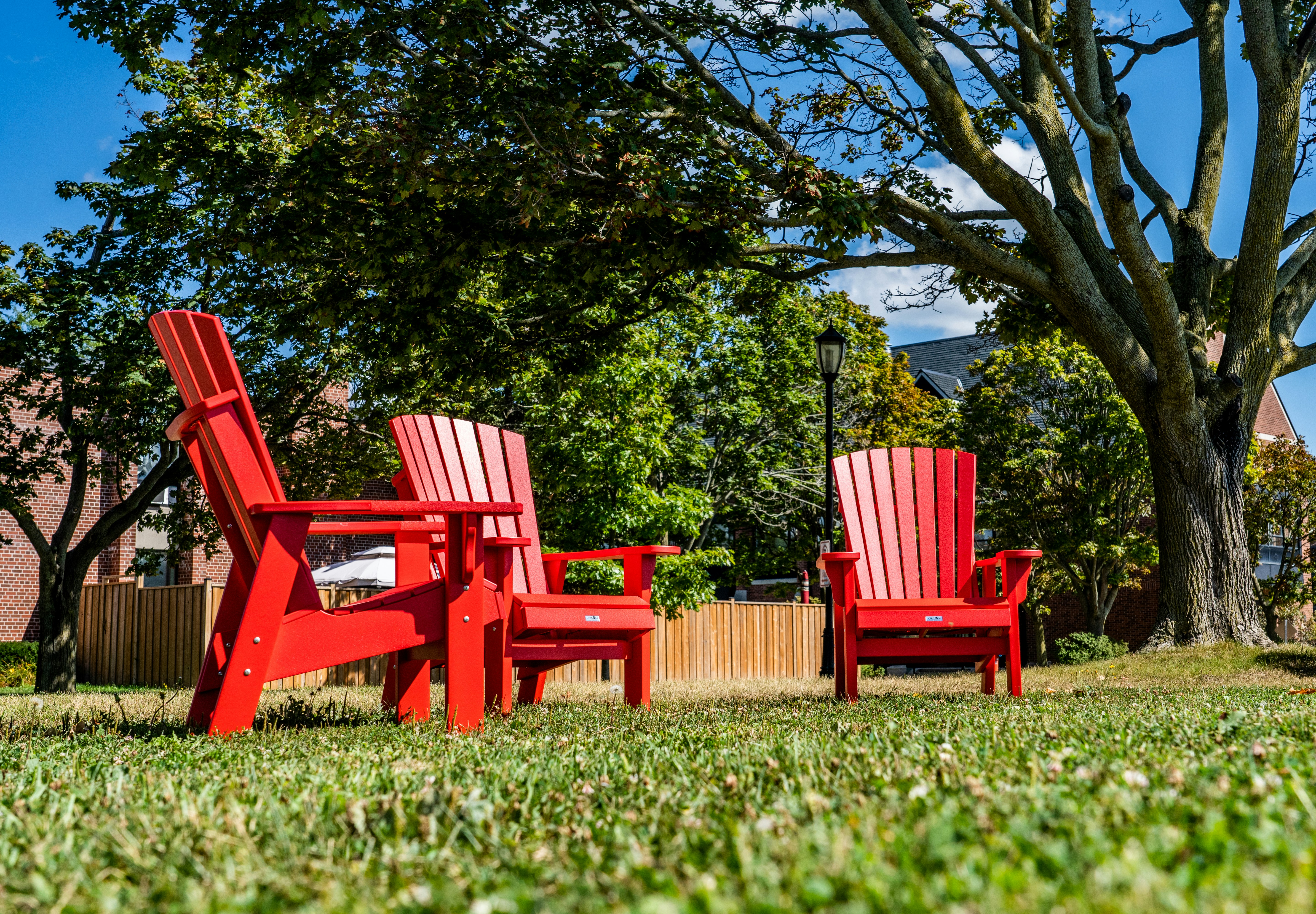 Two red Adirondack chairs positioned on a lush green lawn, surrounded by trees and a peaceful neighborhood backdrop.
