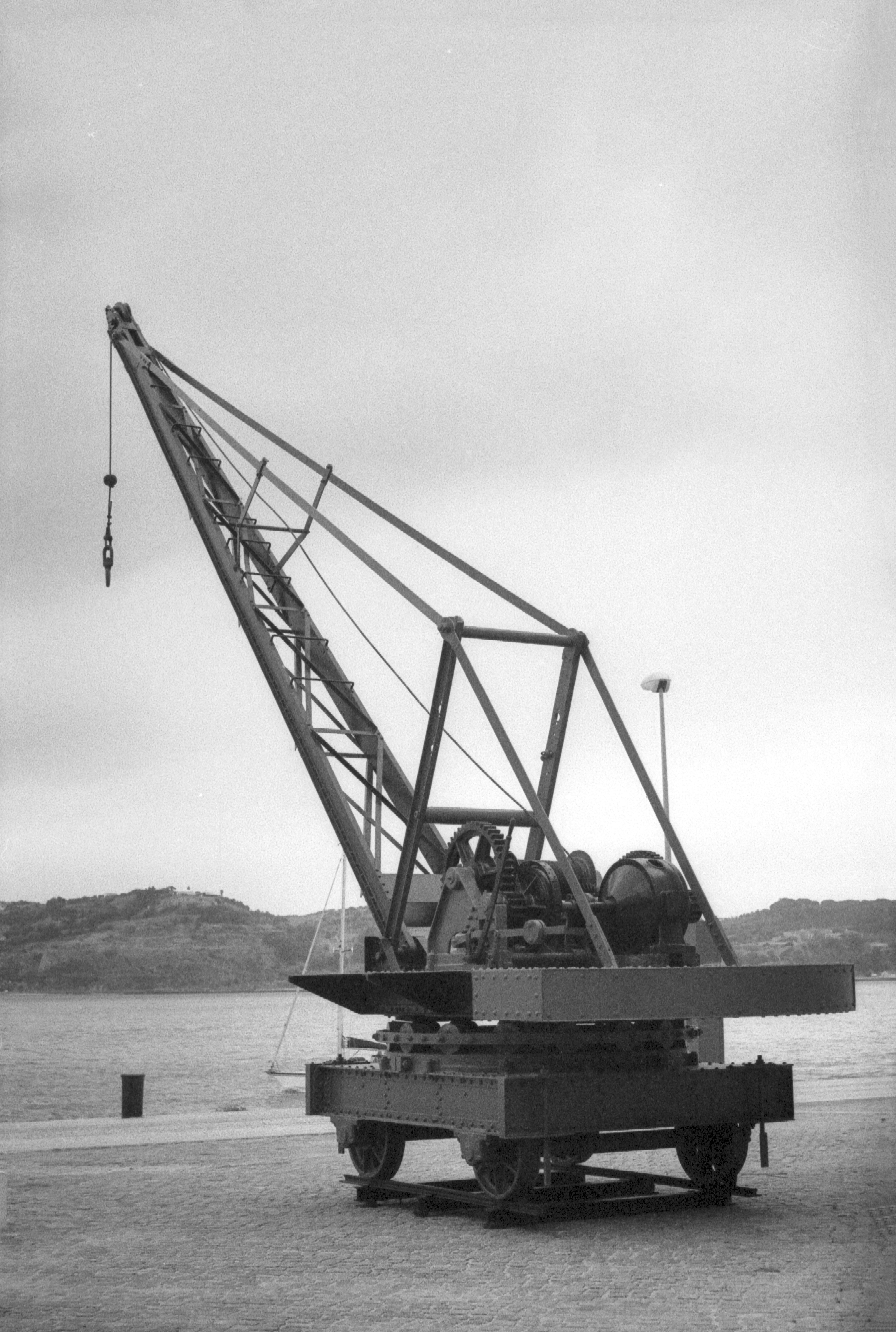Diagonal Crane by the Shore: A Monochrome Mechanical Portrait