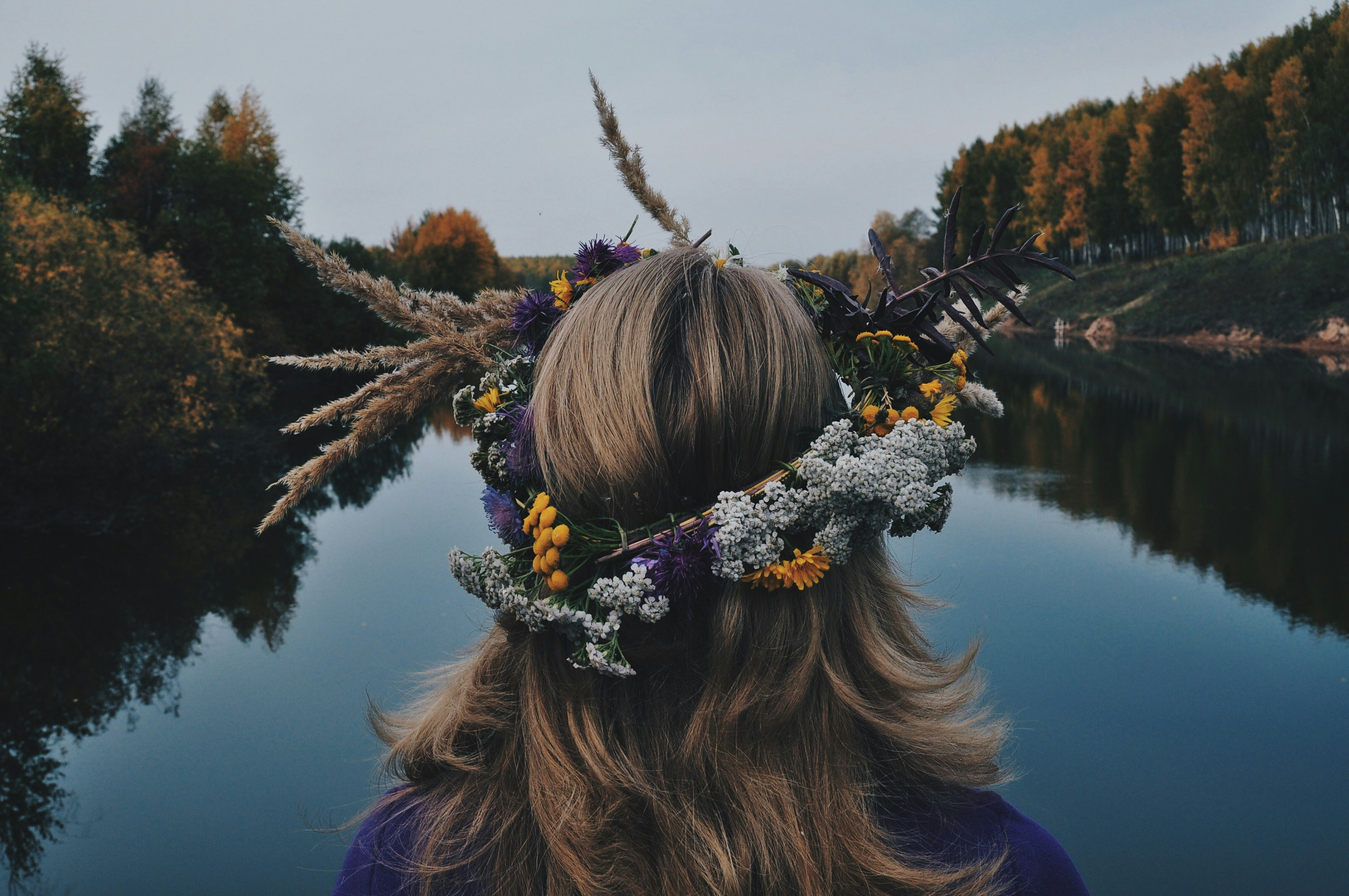Floral Crown in a Quiet Autumn Lake Landscape