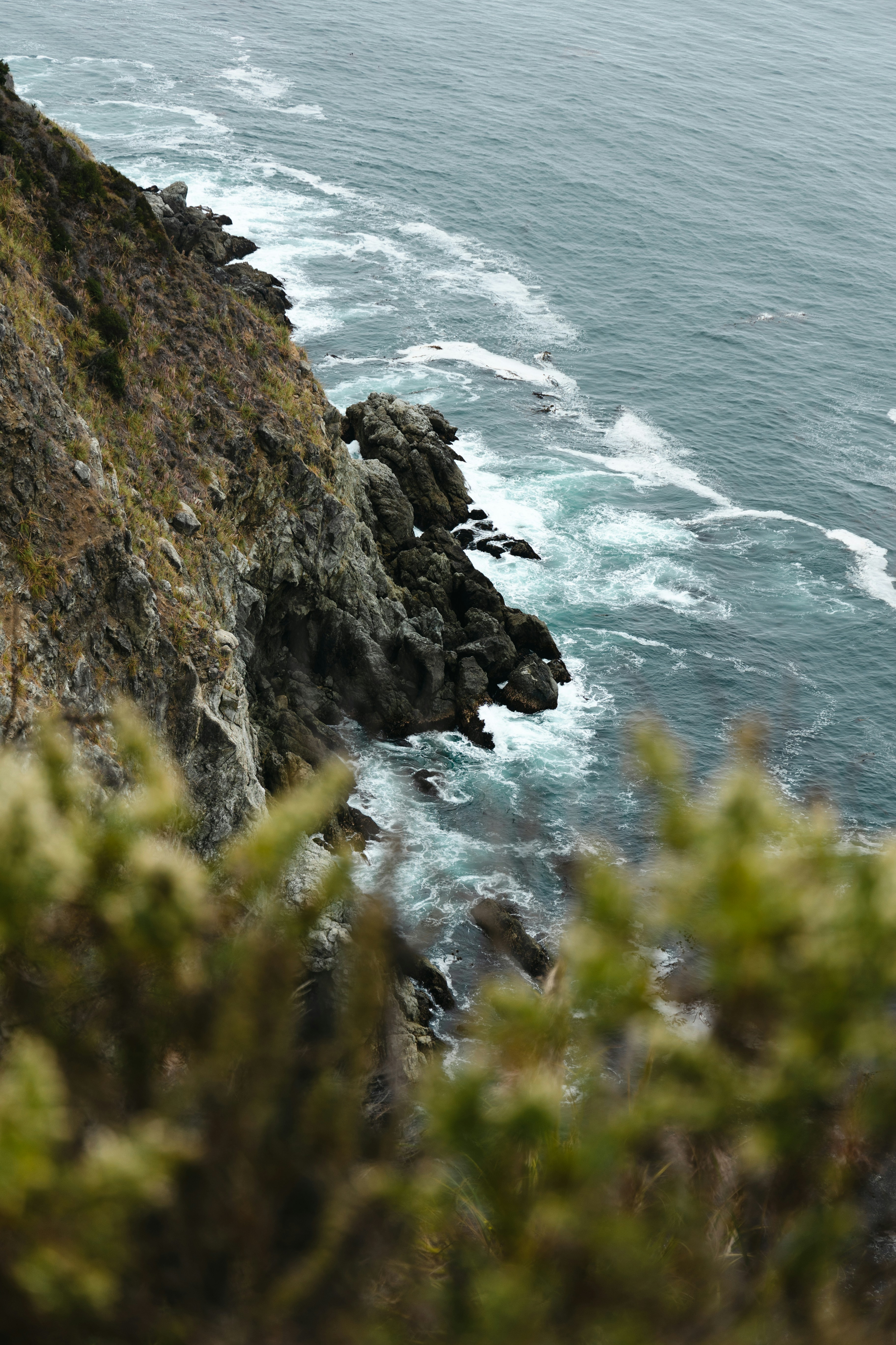 Rocky coastline with waves crashing against cliffs, framed by lush vegetation. The scene captures the dynamic interplay of land and ocean.