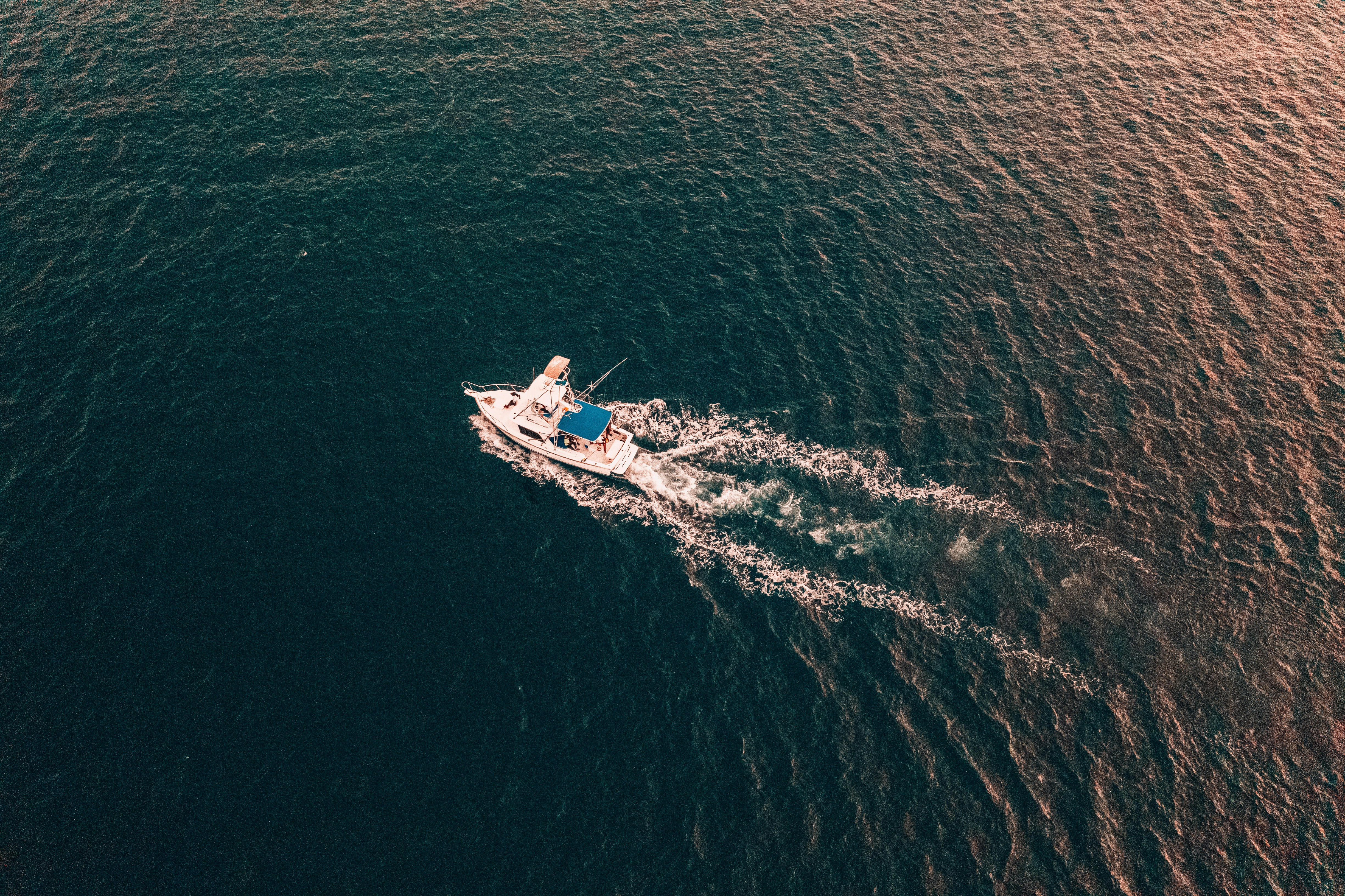 Fishing boat gliding through calm ocean waters, leaving a trail of white foam in its wake.
