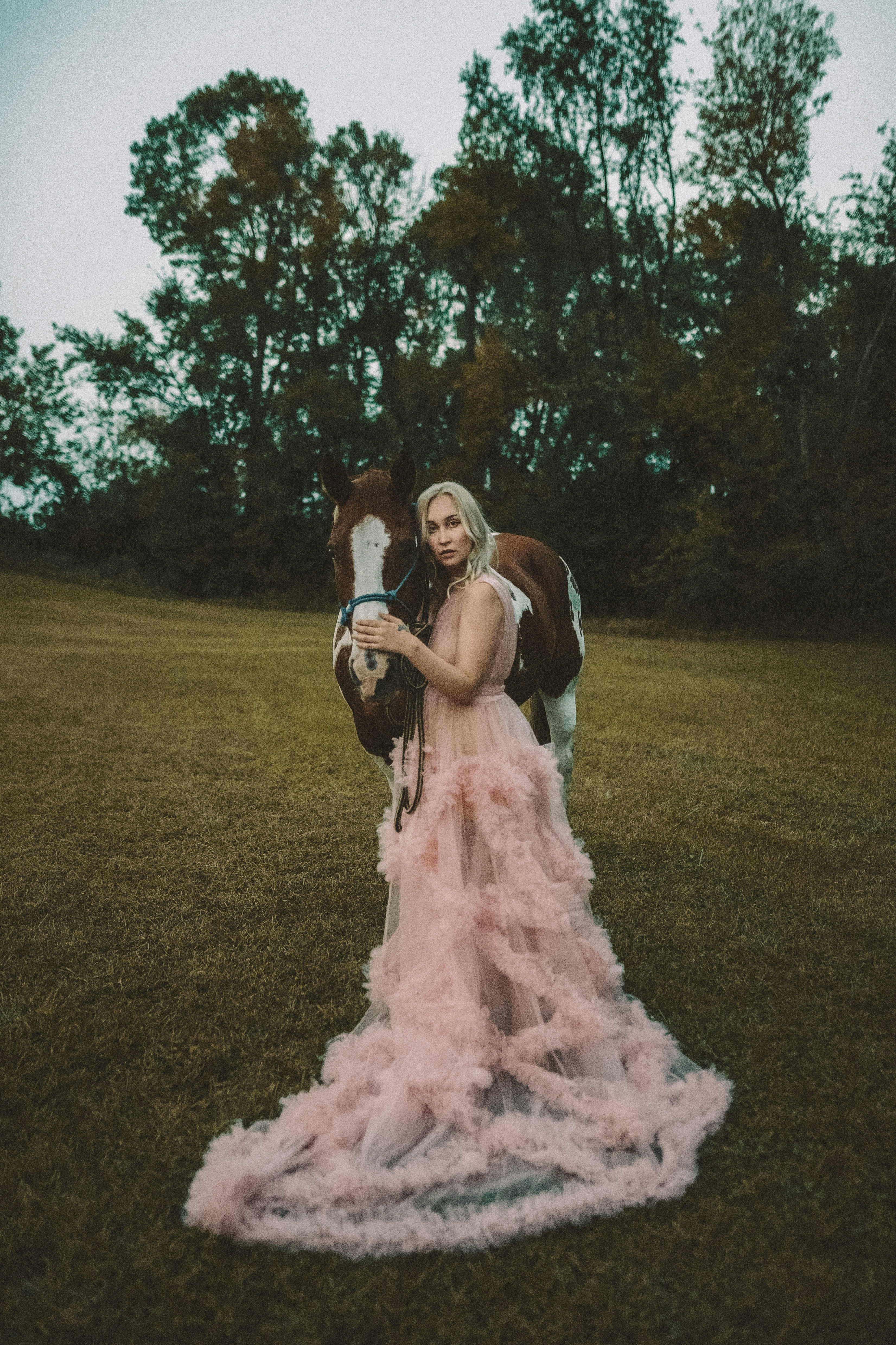 Pastel Dream: A Woman in Pink Tulle with a Horse in a Quiet Field
