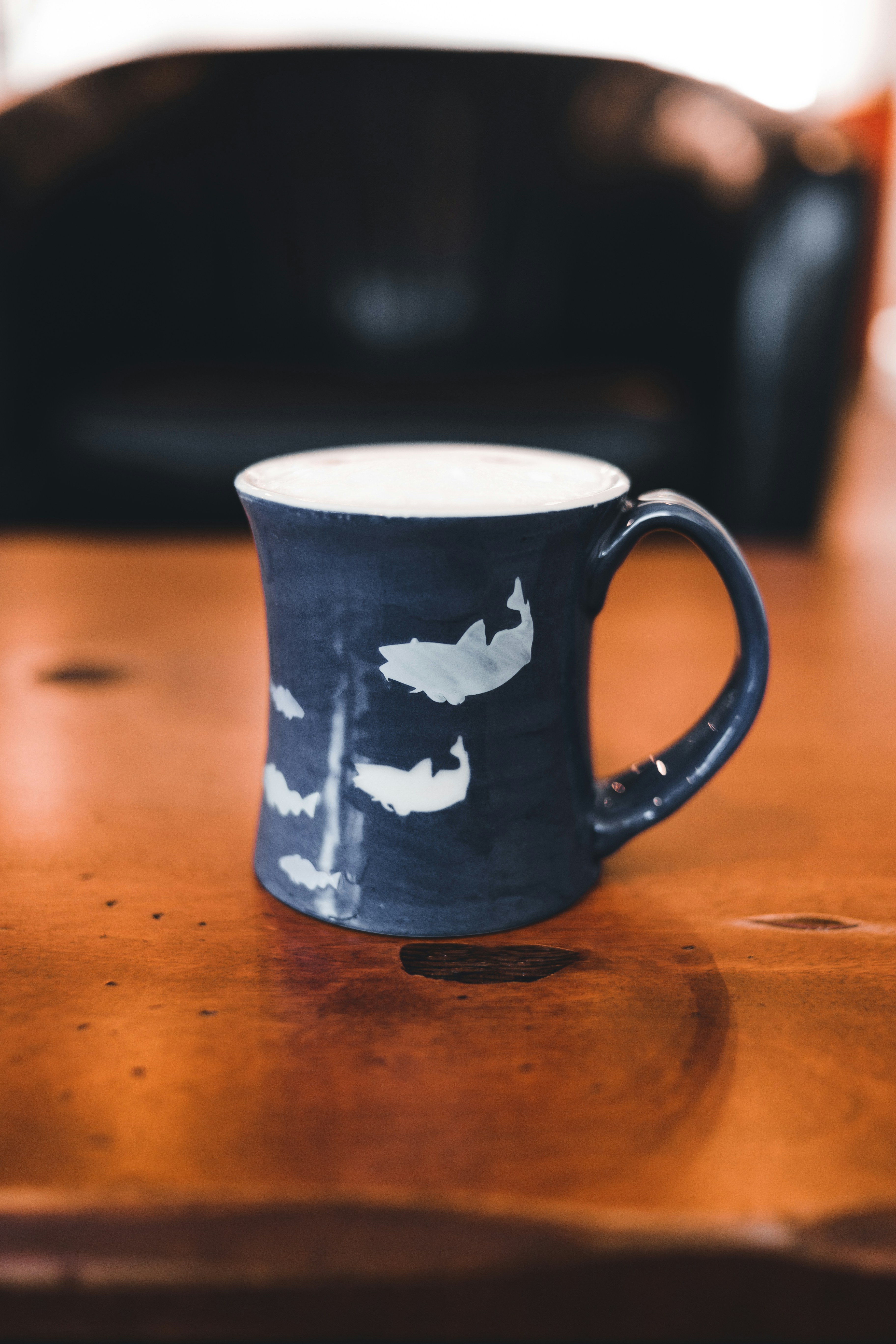Cerulean Mug with White Bird Silhouettes on a Warm Wooden Table