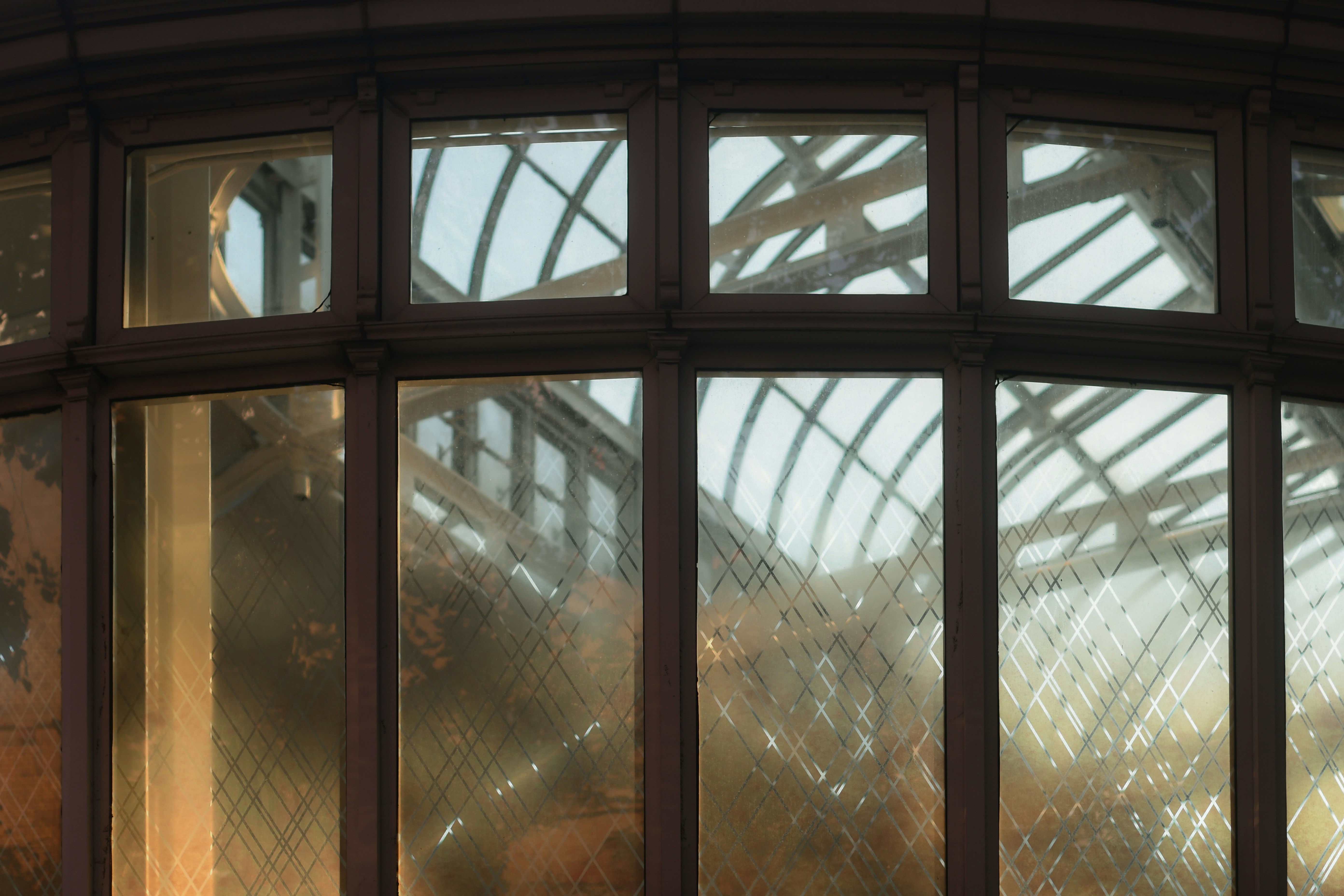Translucent glass panels reflecting intricate patterns of light and shadow within a greenhouse structure.