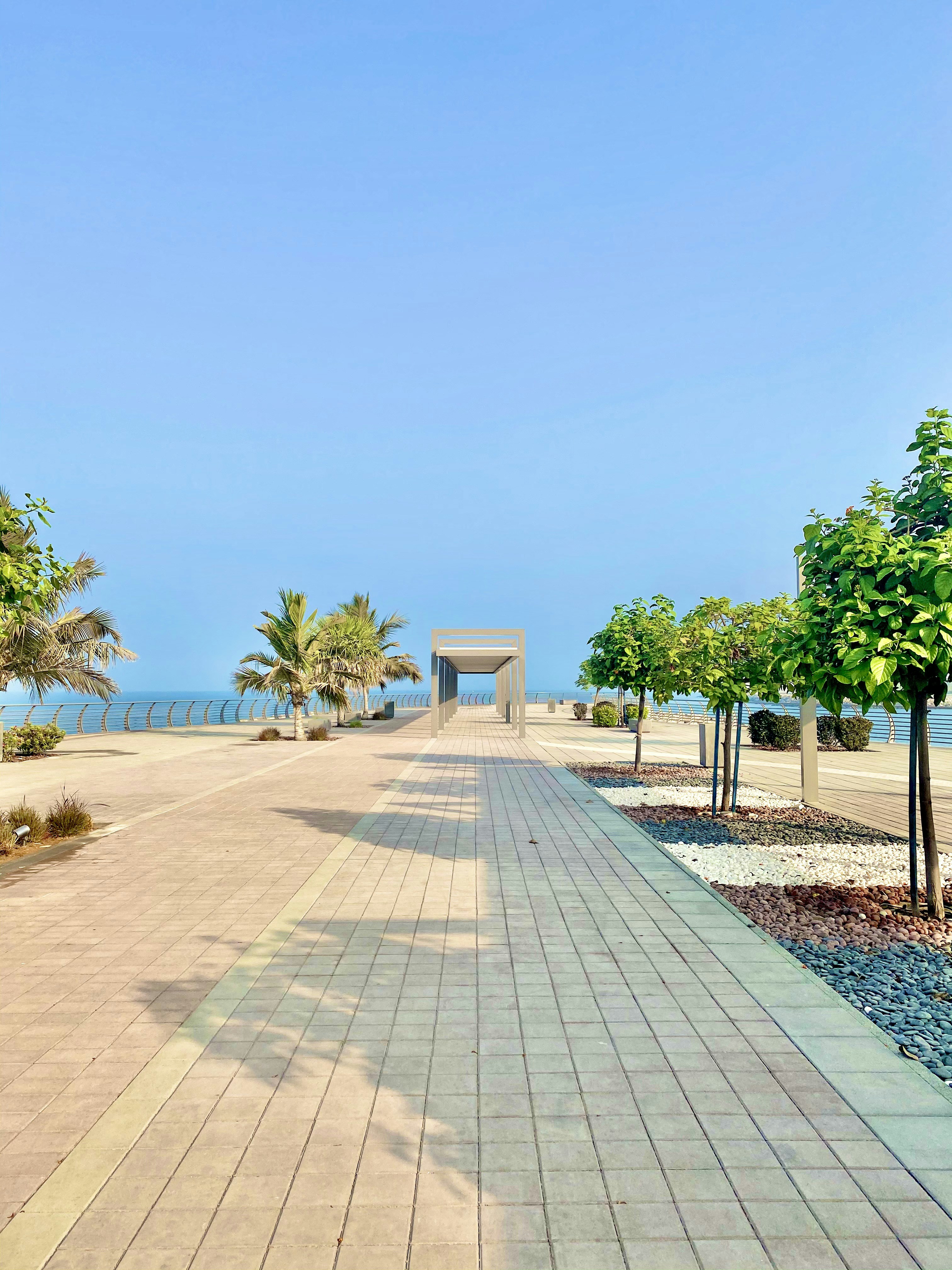 Wide promenade lined with palm trees and greenery, leading towards a modern archway with ocean views in the distance.
