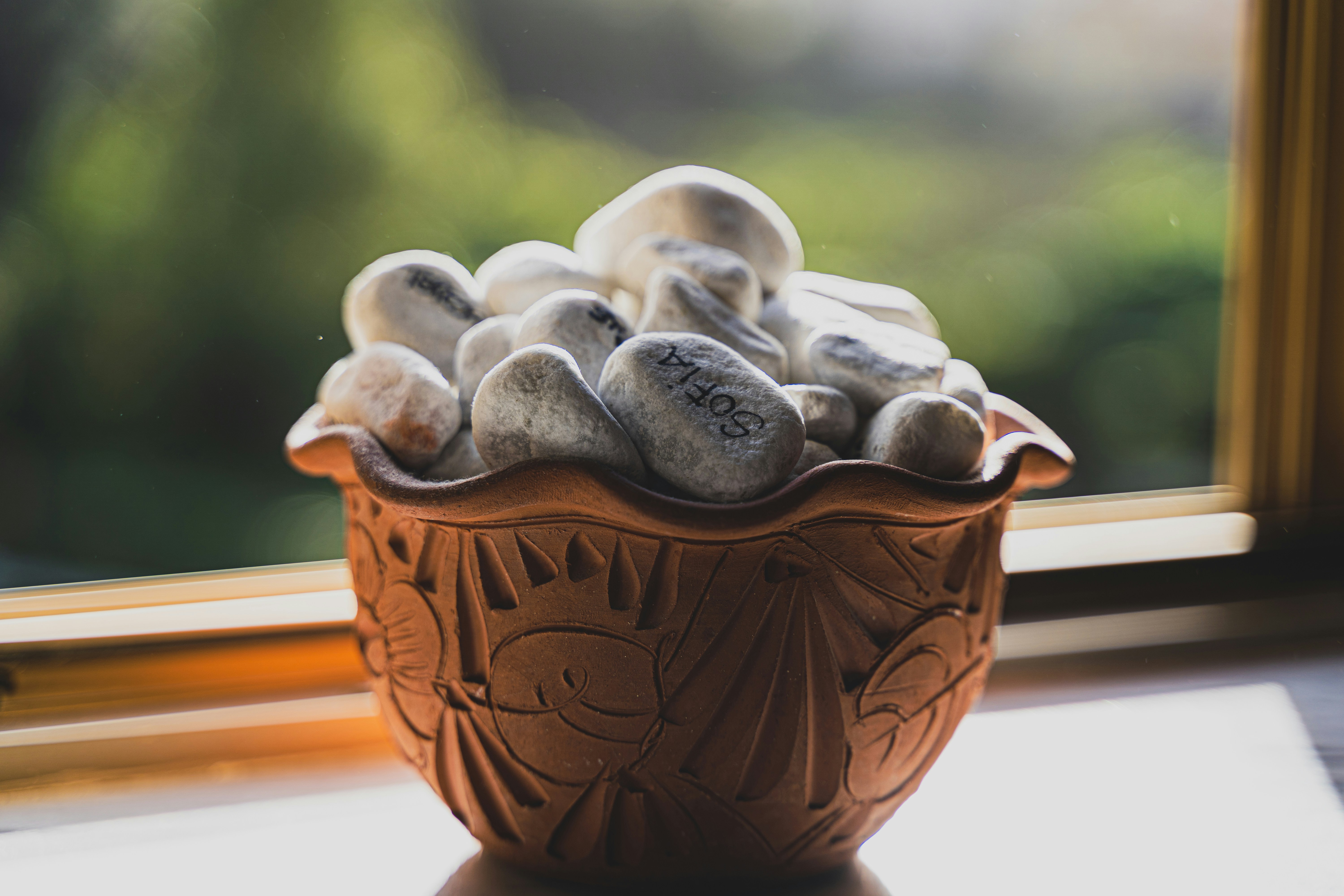 Pebble Bouquet in Clay Vessel by Sunlit Window