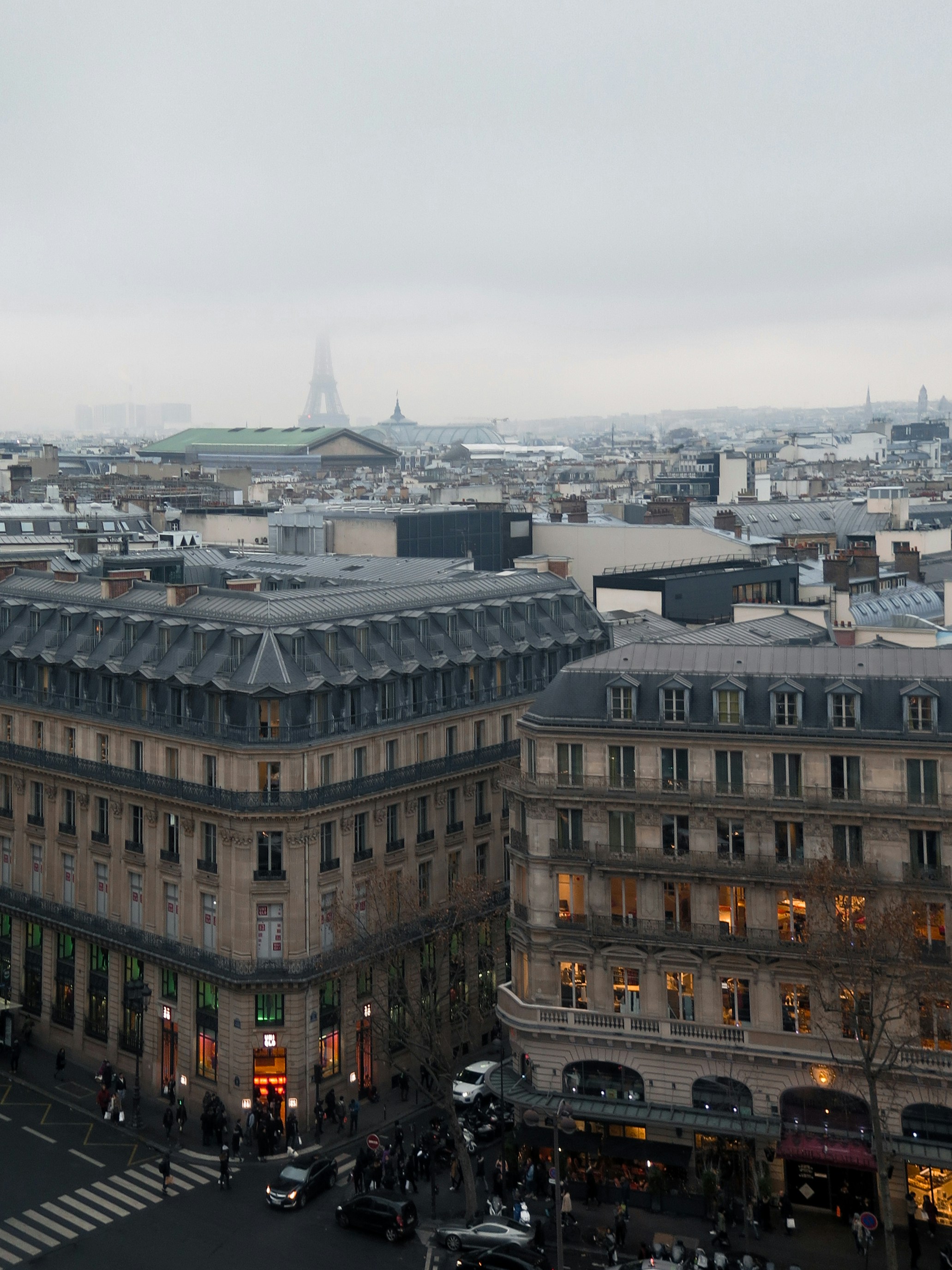 Overcast view of Paris rooftops with the Eiffel Tower partially obscured in the distance, showcasing urban architecture and a bustling street below.