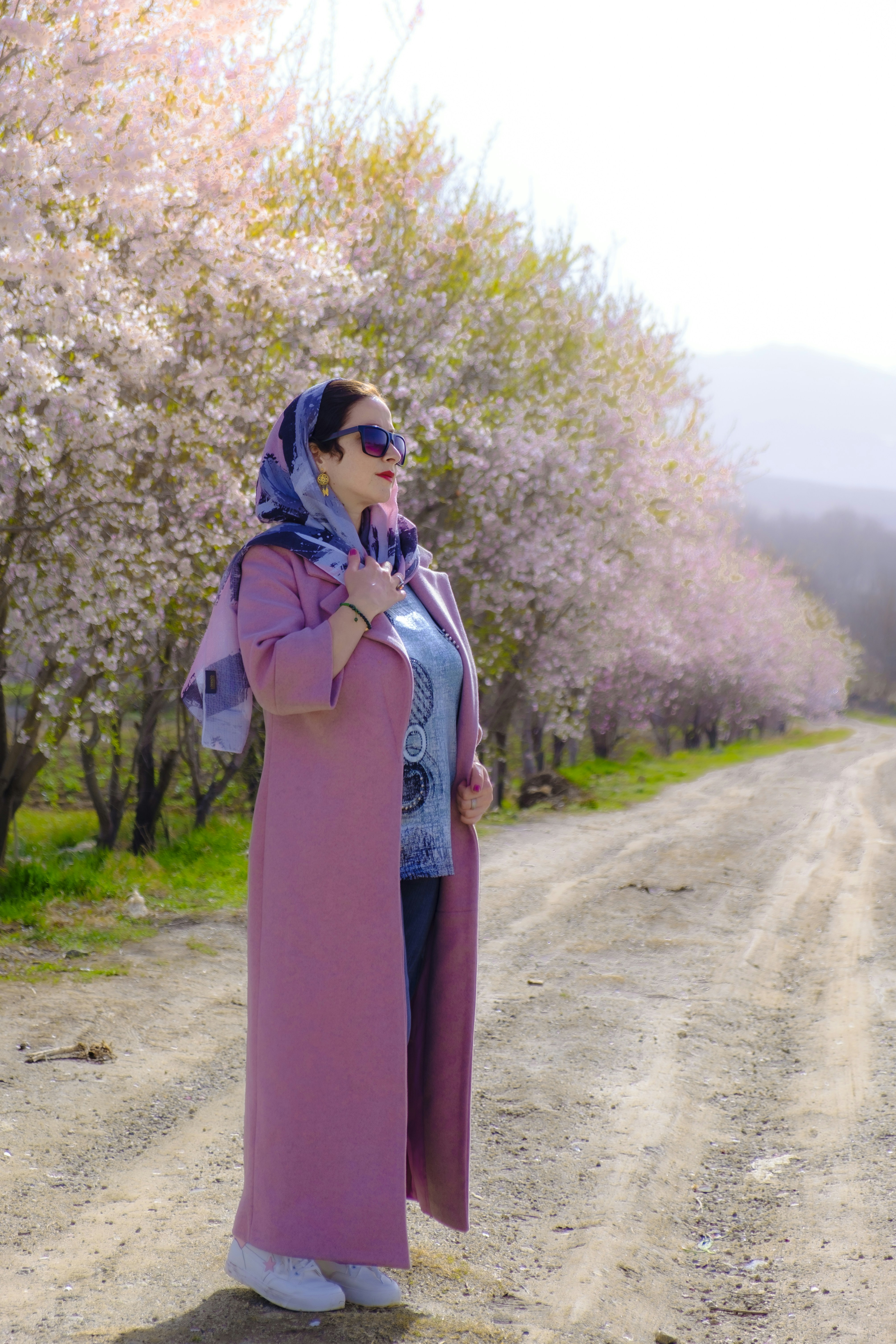 Rosy-Path: A Woman in a Pink Coat Beneath Blossoming Rows