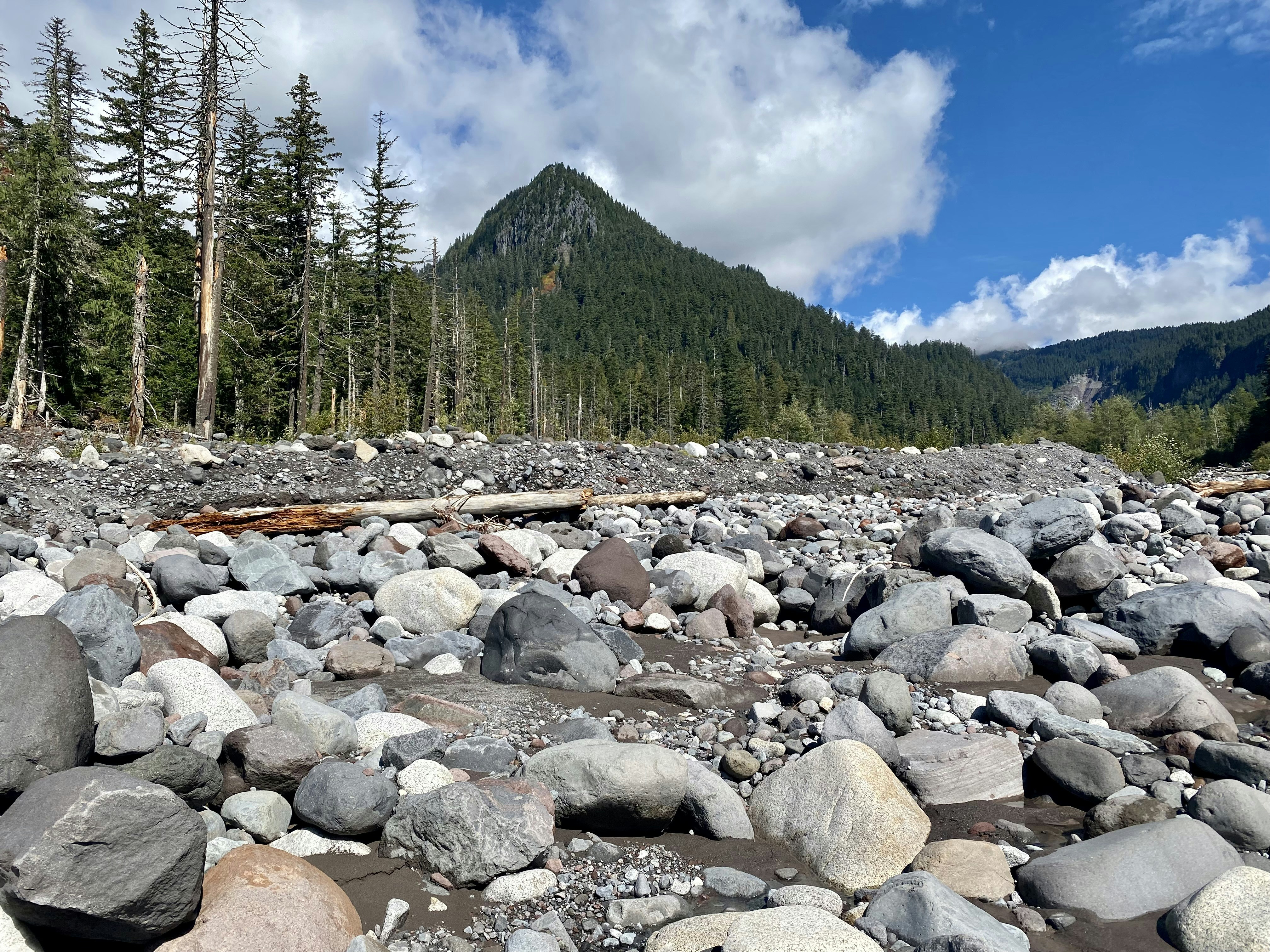 A rocky river bed with a mountain in the background photo – Free Mount rainier Image on Unsplash