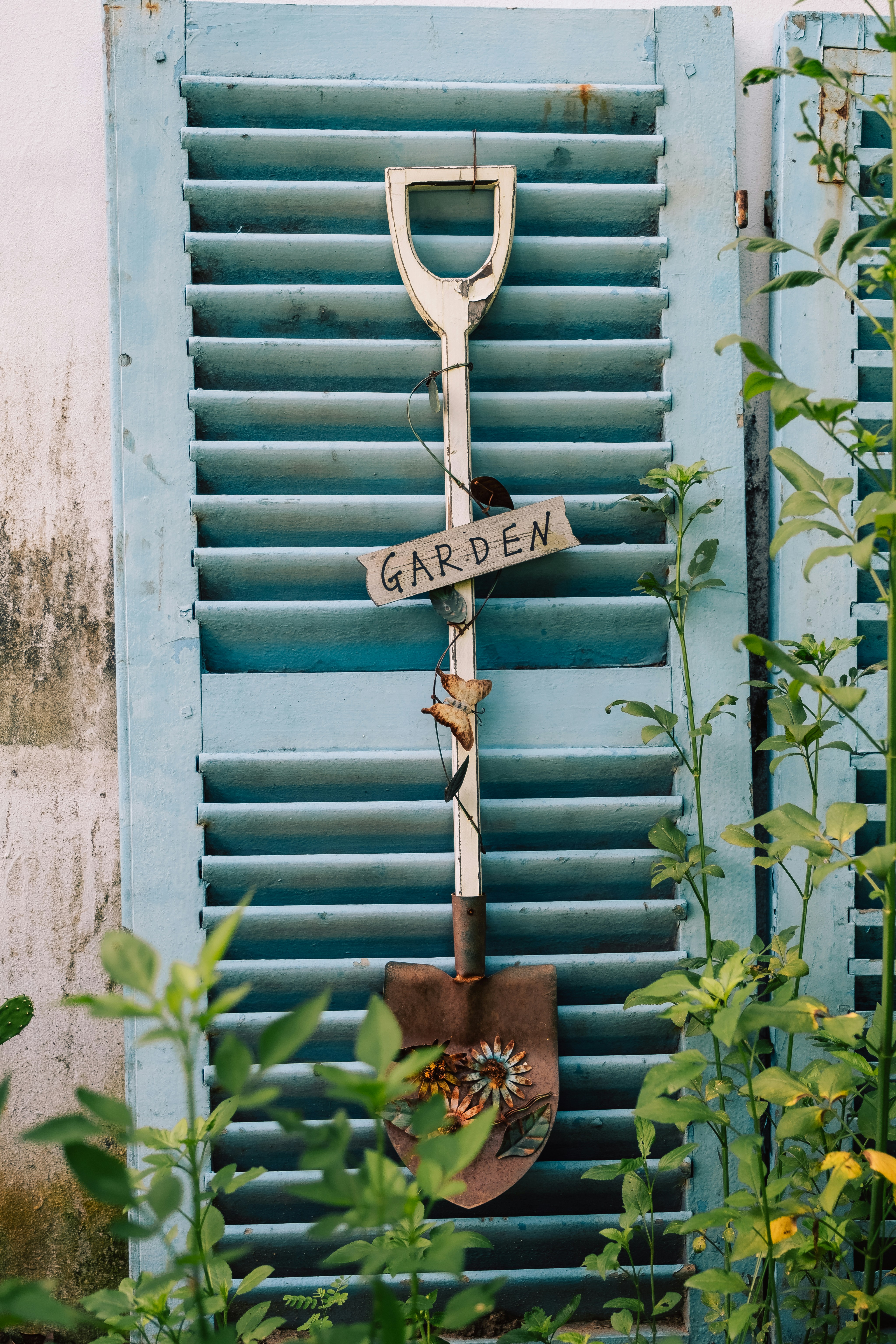 The Garden's Quiet Beacon: A Weathered Shovel on Turquoise Shutters