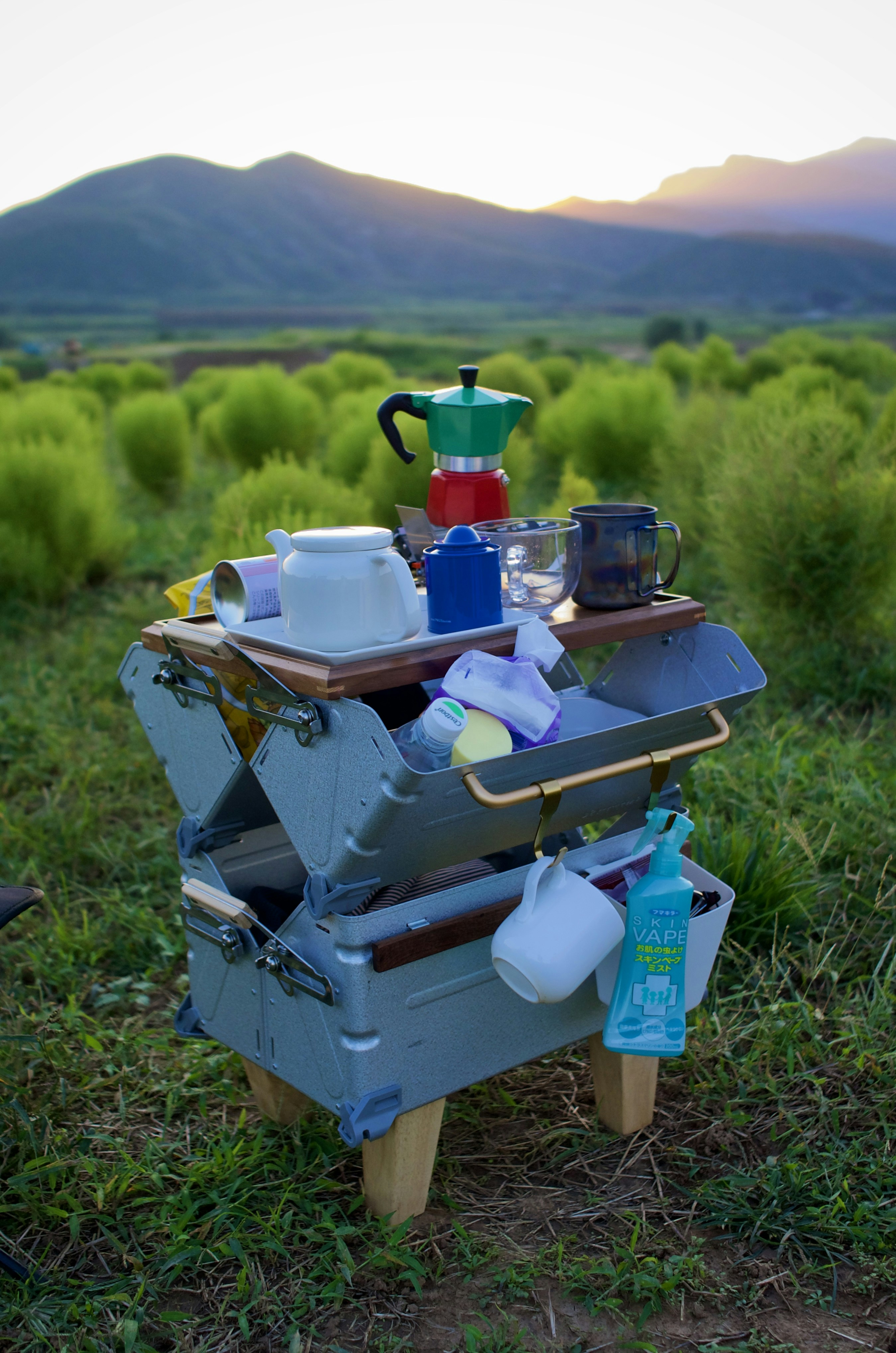 A portable camp kitchen set up amidst lush greenery and mountains, featuring various utensils and a coffee maker. The scene captures the essence of outdoor cooking.